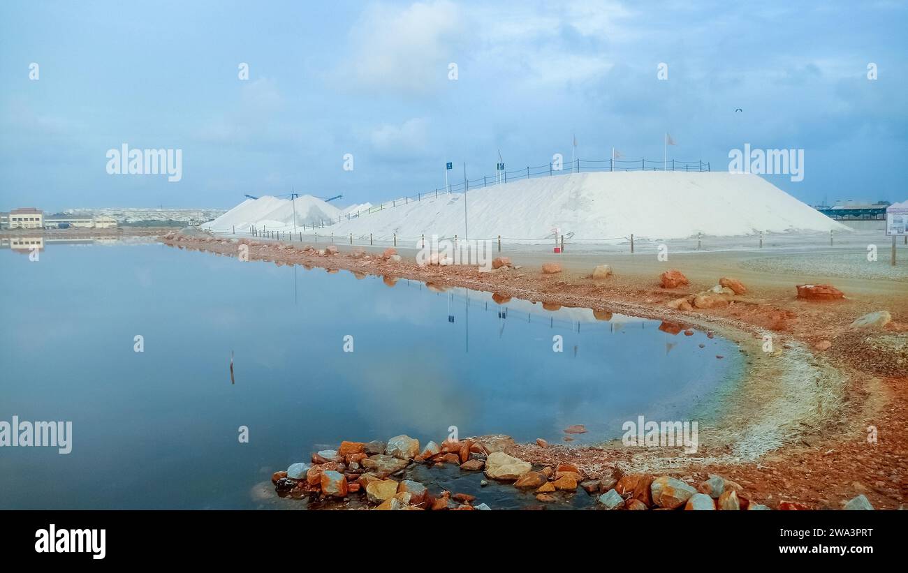 Mountains of sea salt in the Torrevieja salt mining industry in the ...