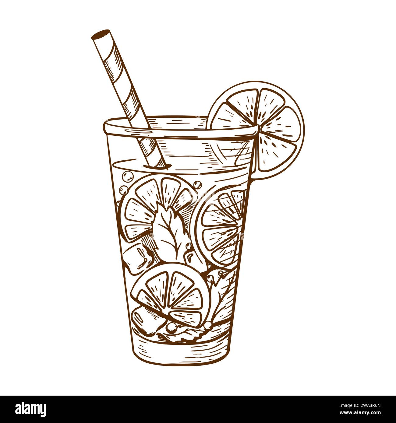 Sketch Drawing of a Lemonade Glass with slices of lemons or limes and ice cubes. Fresh Cold ...