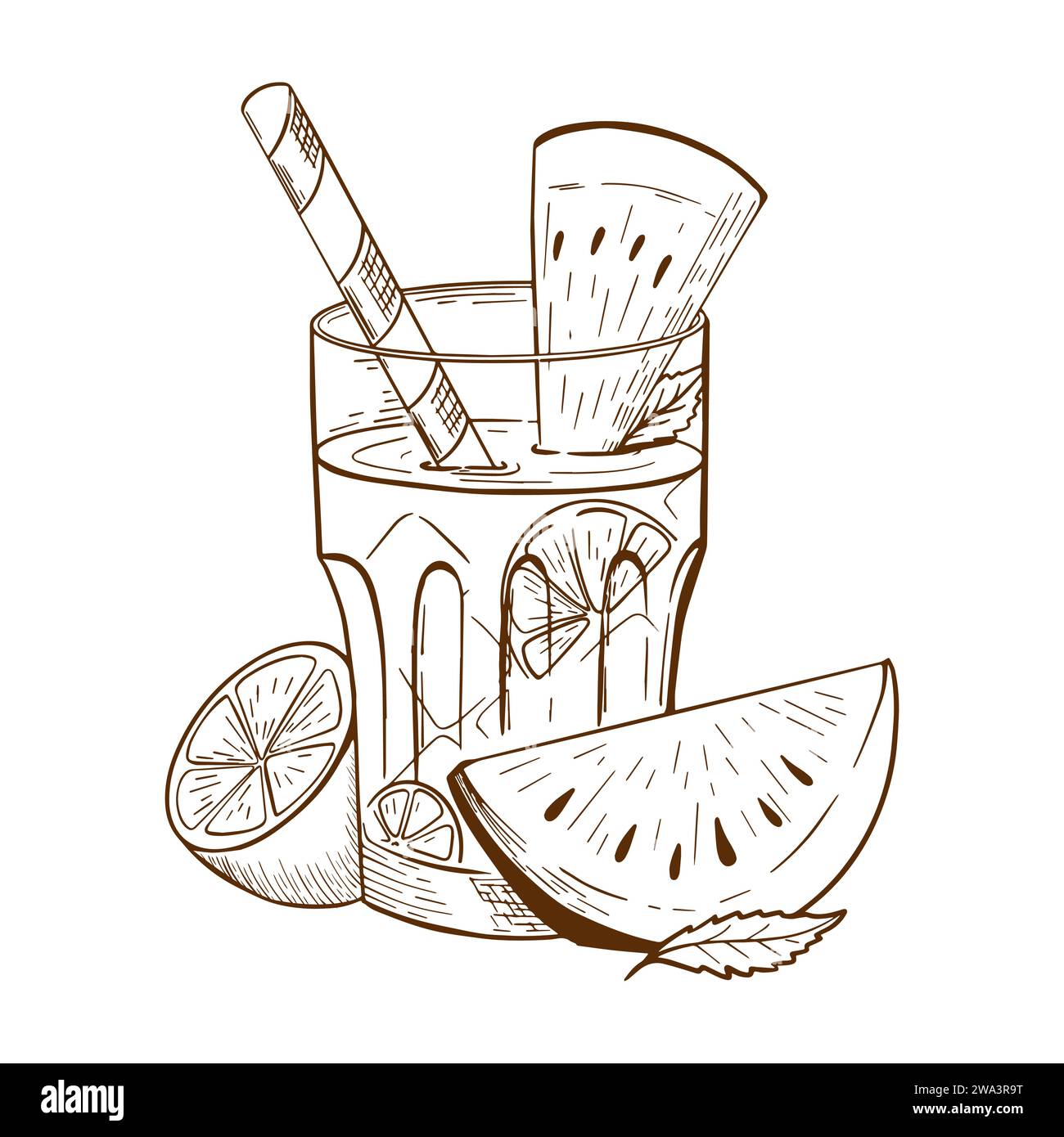 Sketch Drawing of a Lemonade Glass with slices of watermelon limes and ...