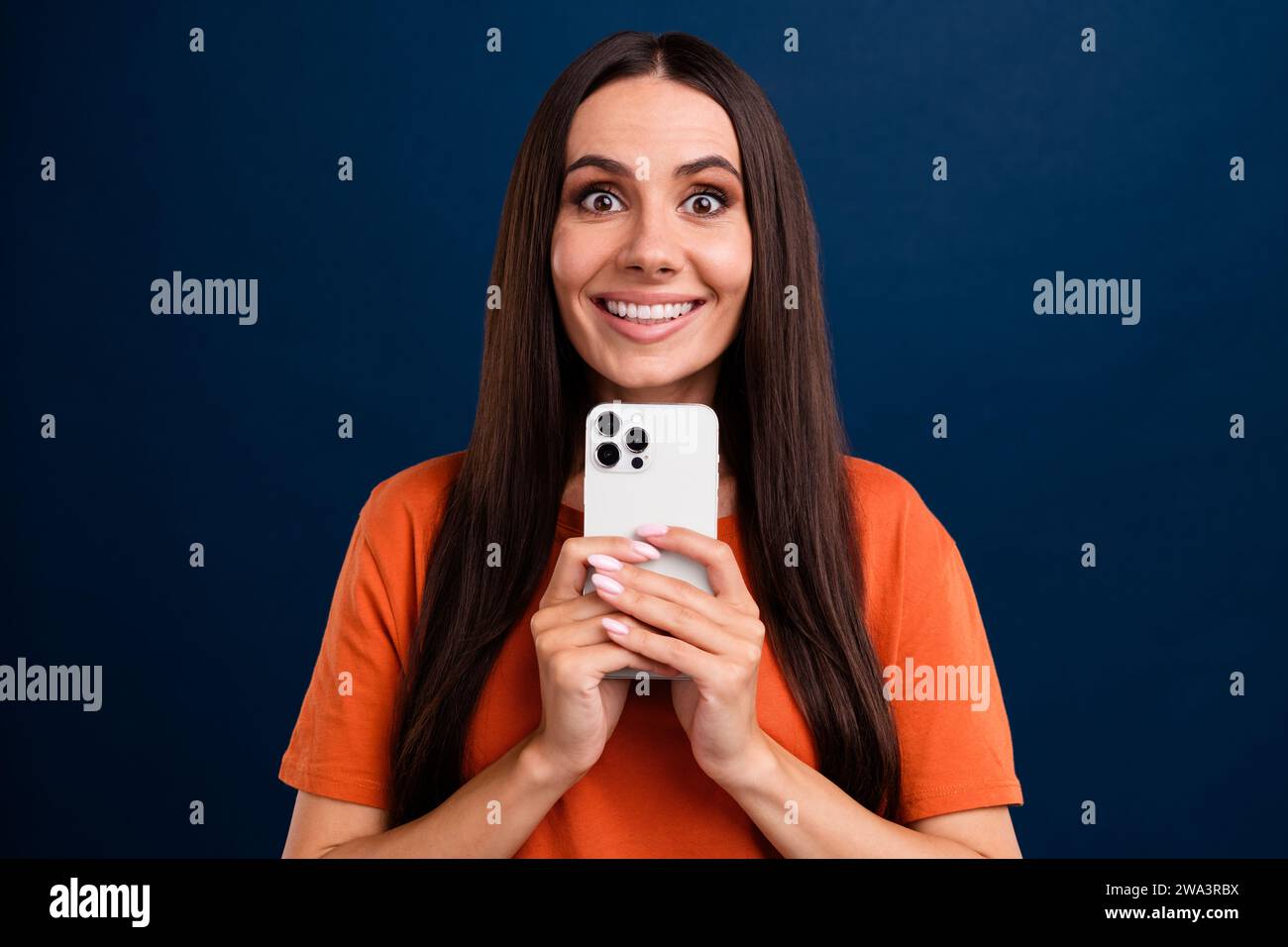 Portrait of impressed adorable person wear stylish clothes astonished ...
