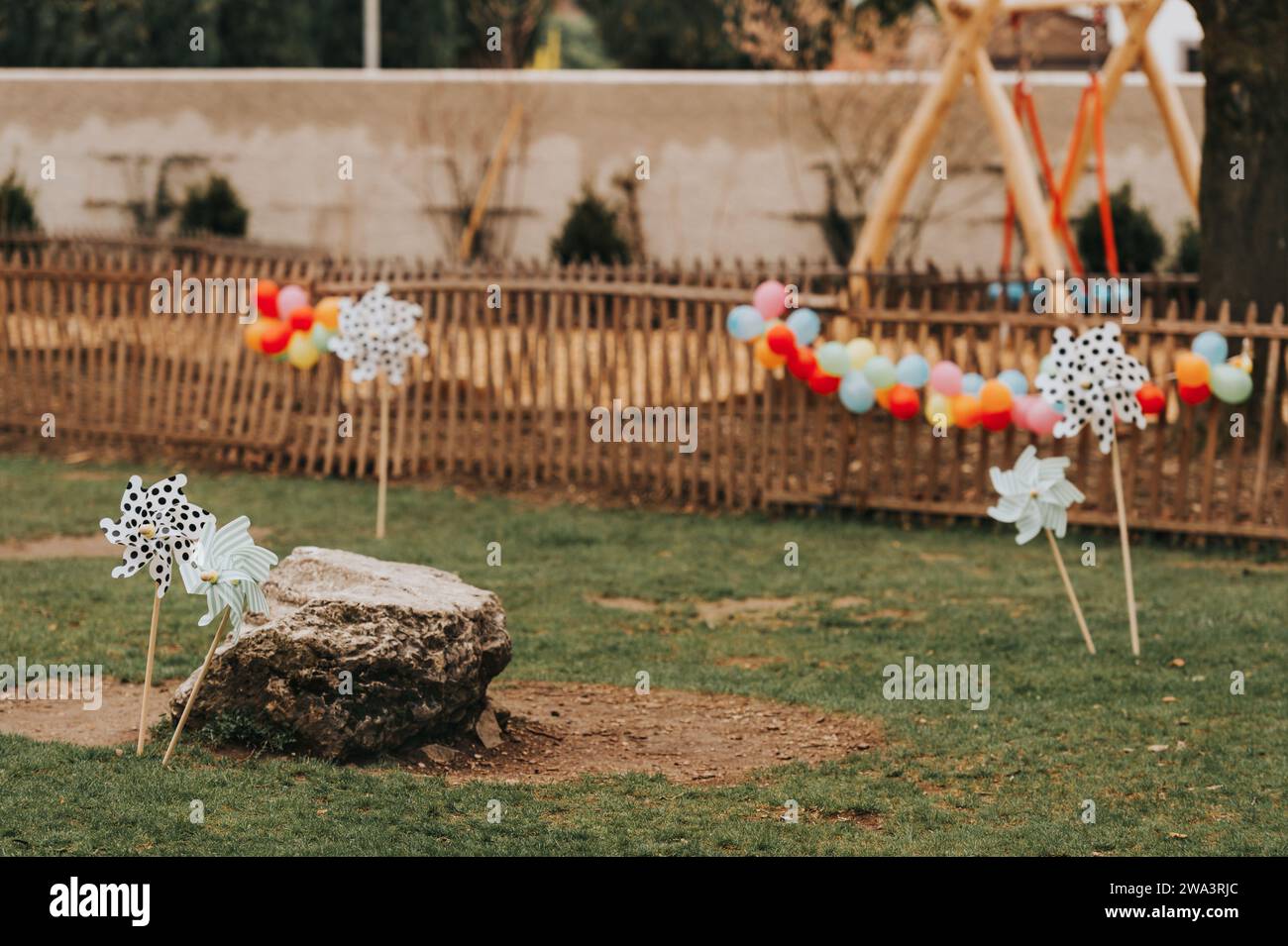 Beautiful spring park playground decorated for Easter egg hunt or ...