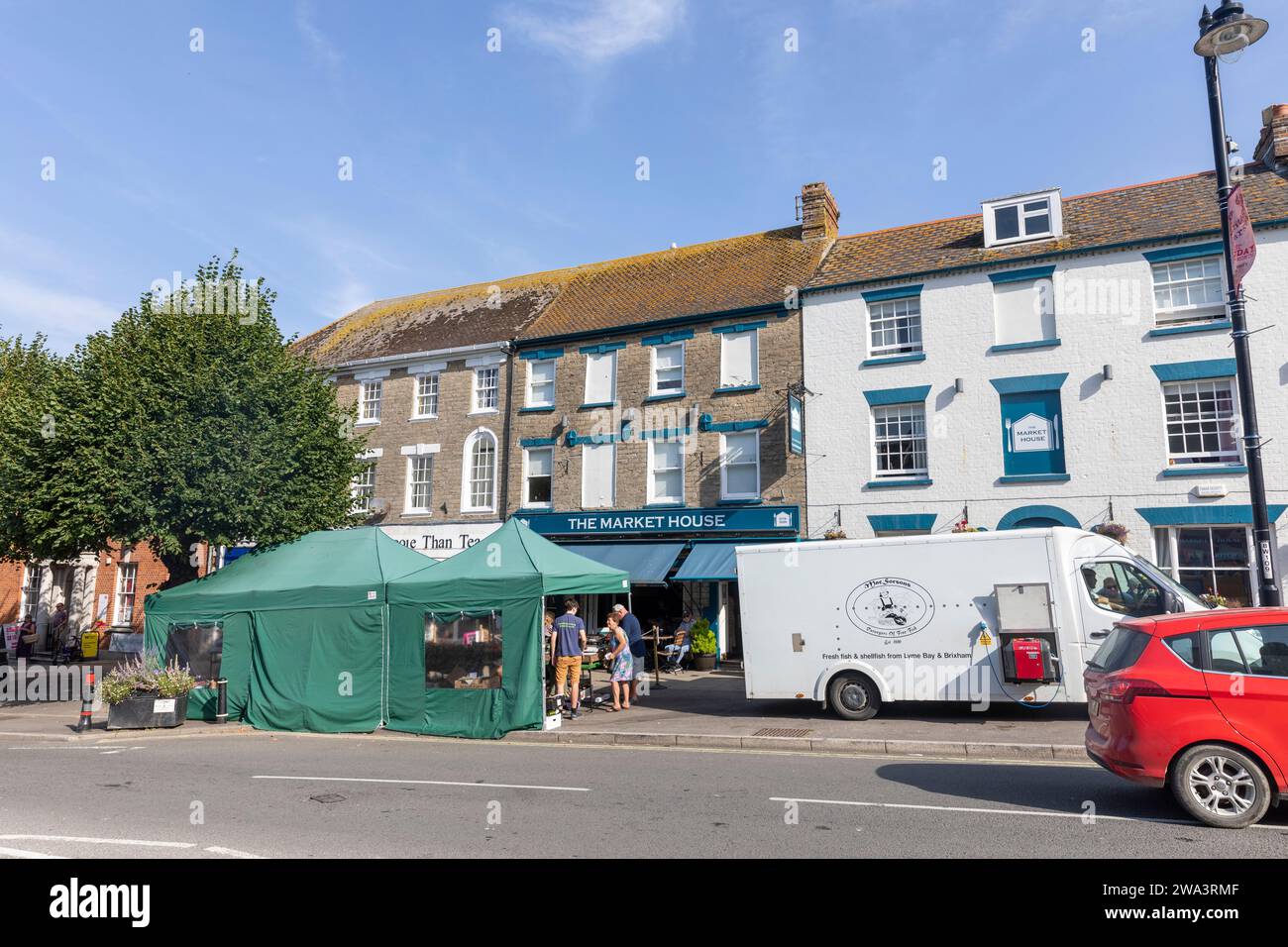 Bridport Dorset, Saturday market day in the town centre, fish seafood ...