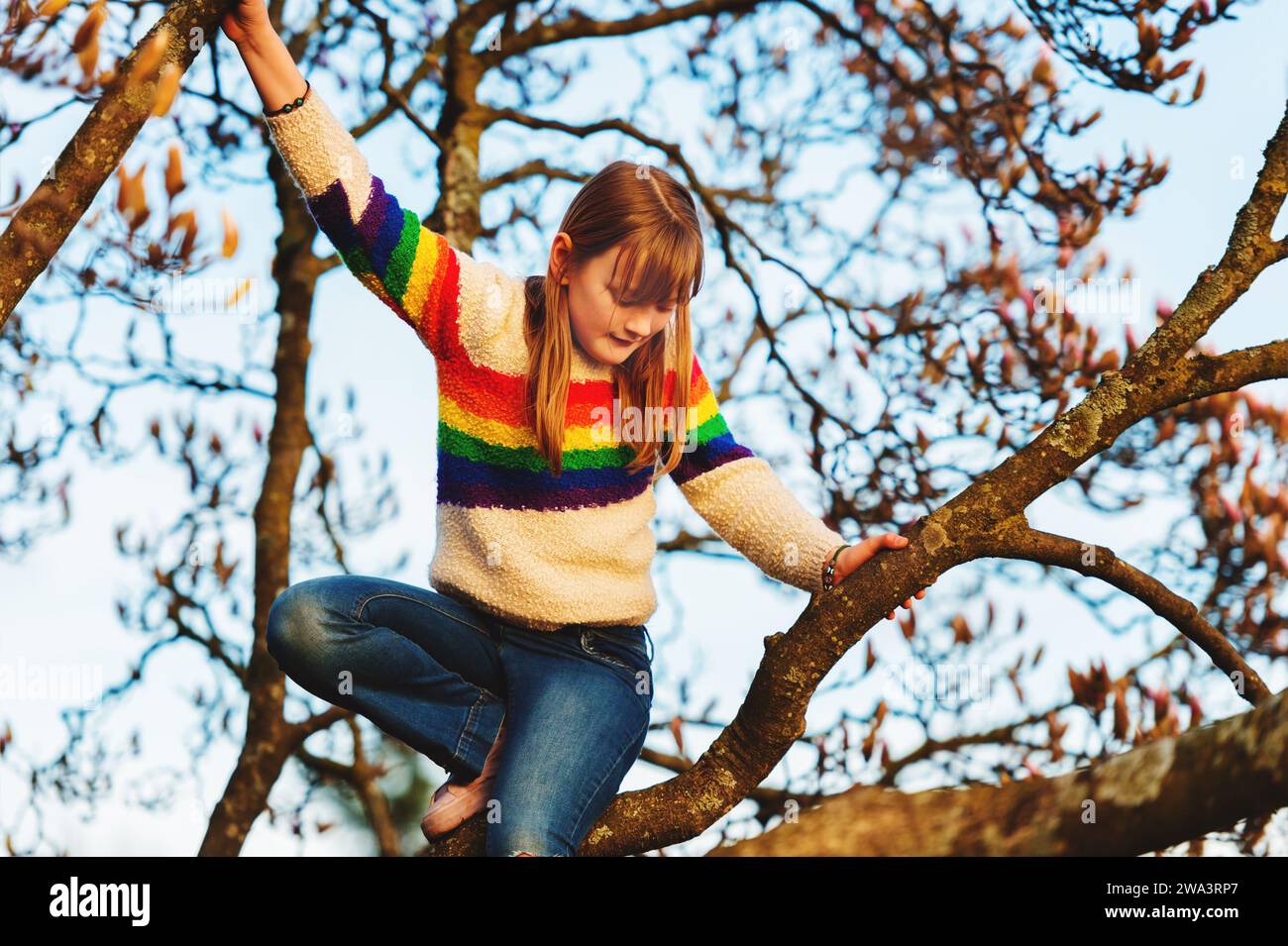 Happy kid girl playing on magnolia tree in early spring at sunset Stock ...