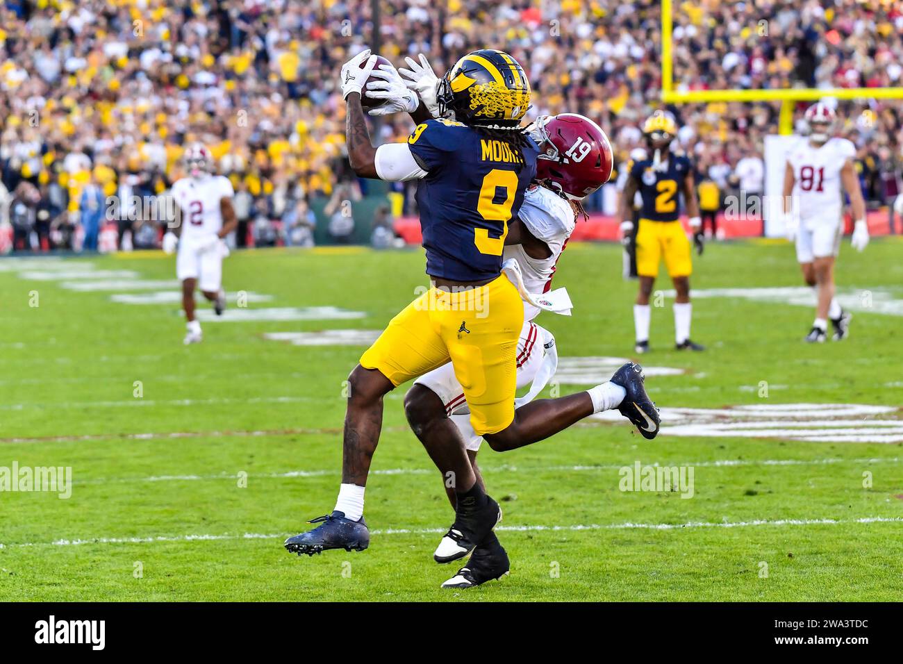 Pasadena, CA. 1st Jan, 2024. Michigan Wolverines defensive back Rod Moore (9) breaks up the pass ...