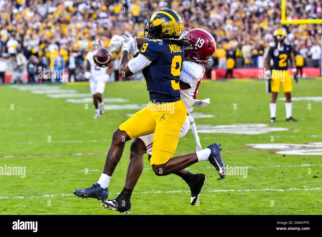 Pasadena, CA. 1st Jan, 2024. Michigan Wolverines defensive back Rod Moore (9) breaks up the pass ...