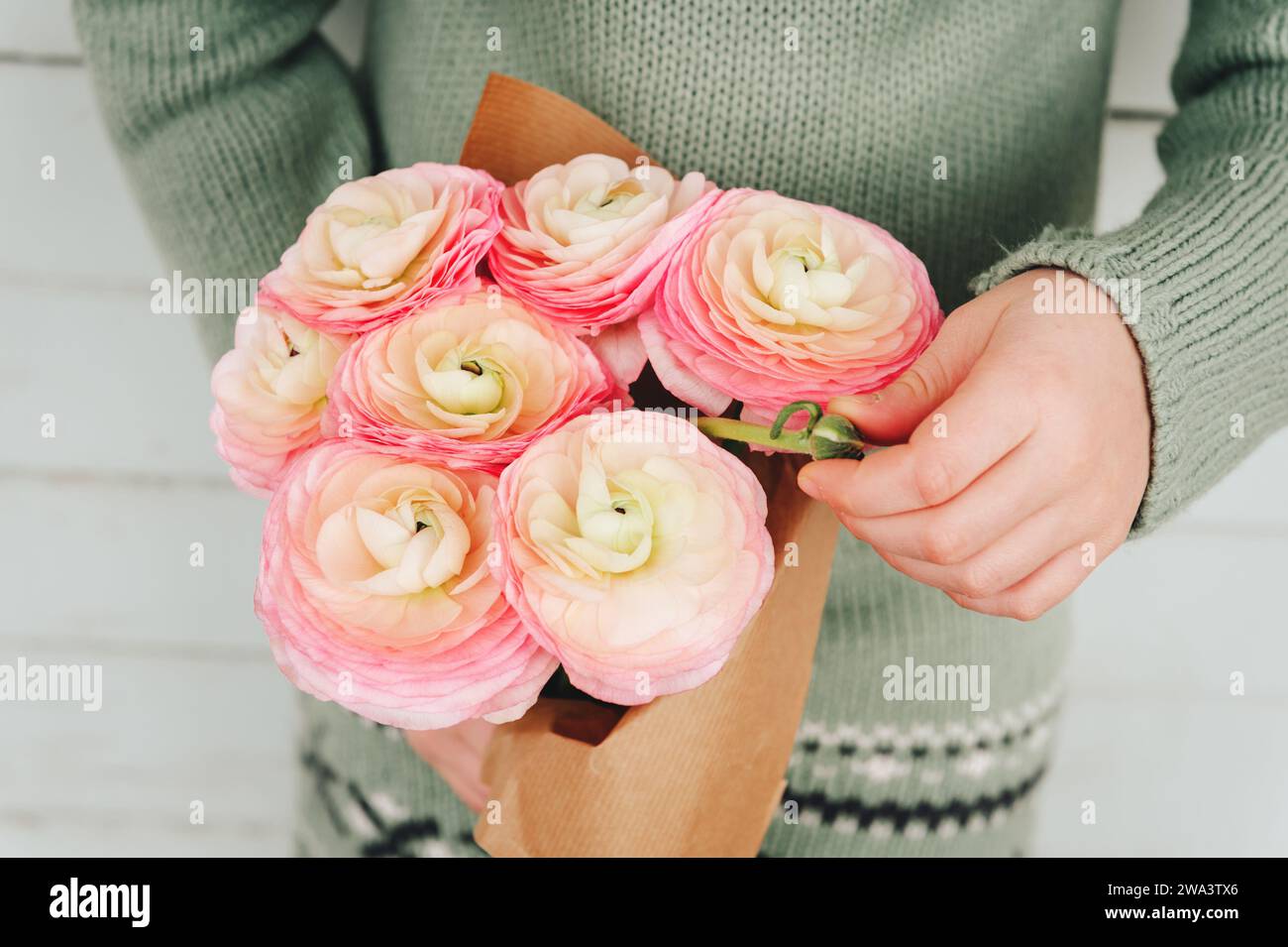 Beautiful bouquet of soft pink buttercups in child's hands, mother's ...
