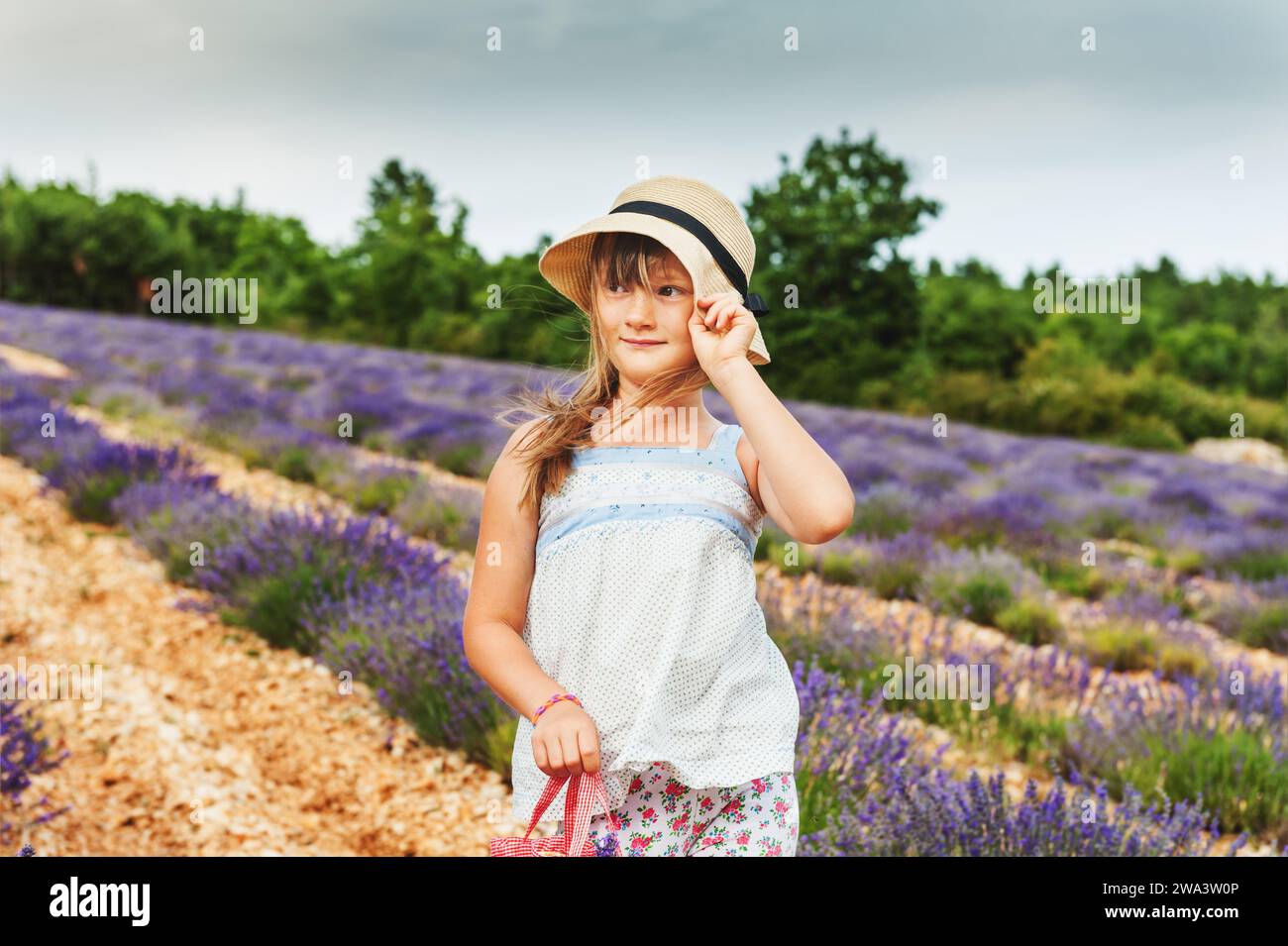Portrait of adorable little girl wearing a hat, playing in lavender ...
