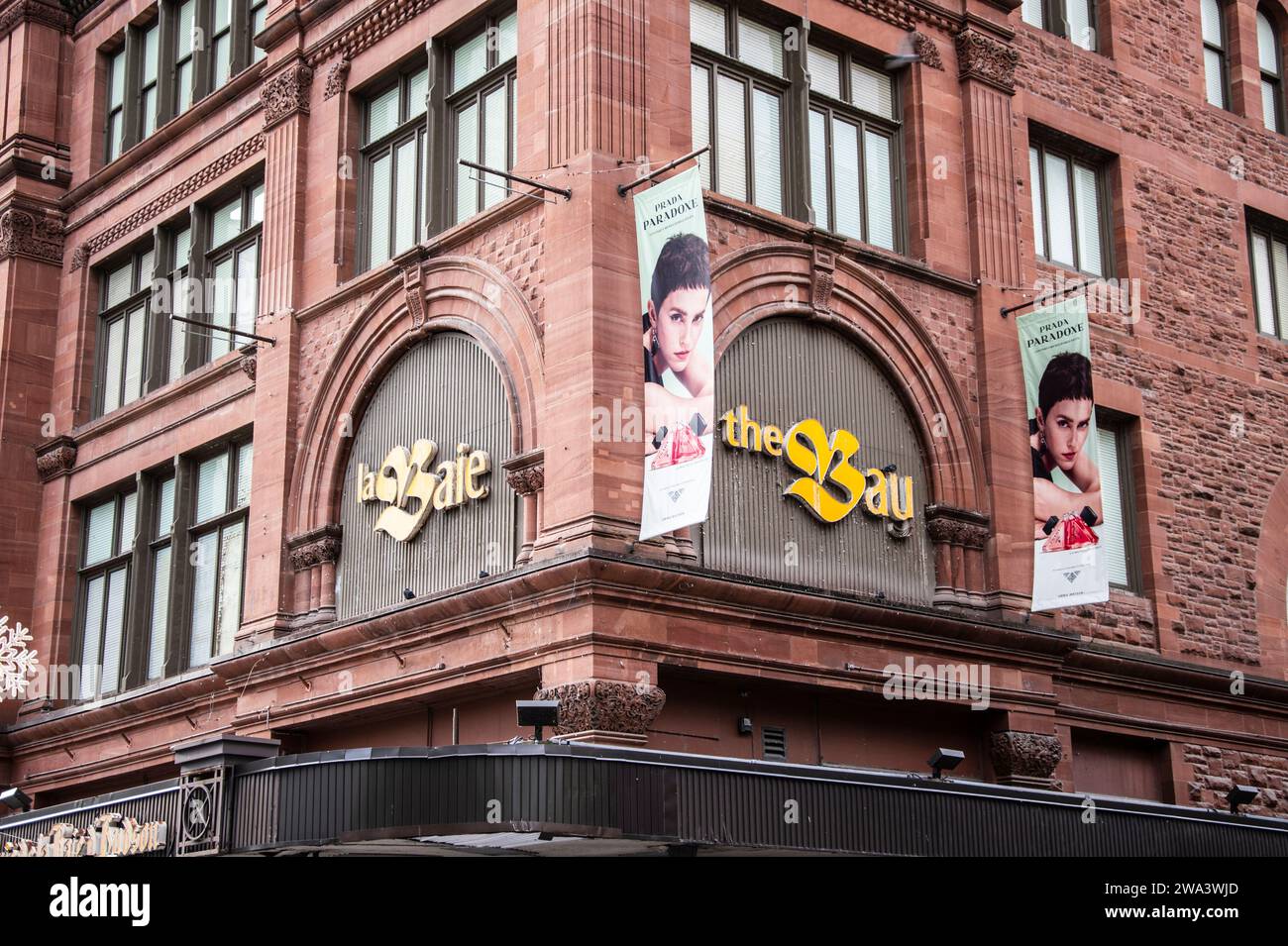 The Bay sign in English and in French in downtown Montreal, Quebec ...