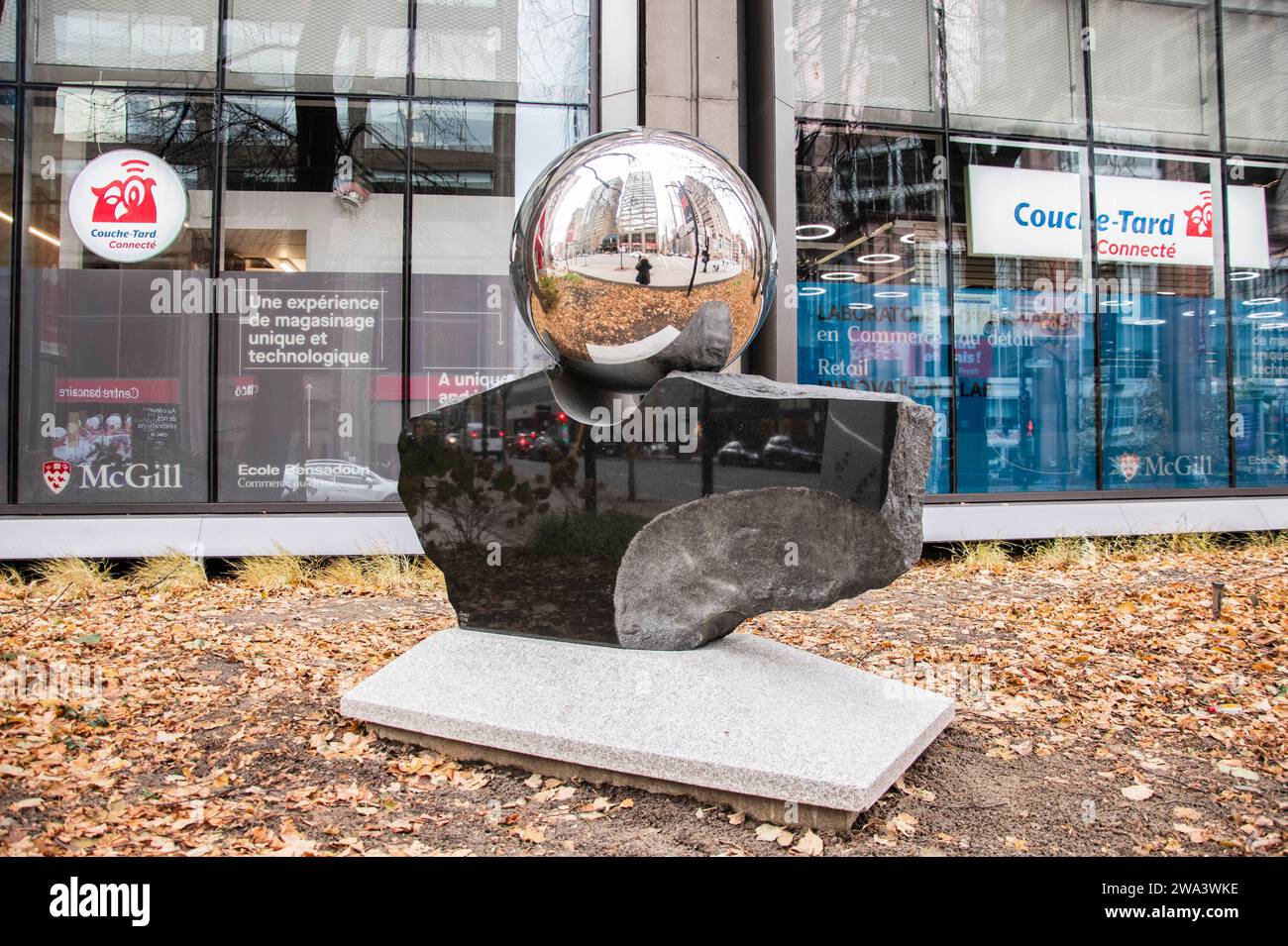 Reflecting sphere sculpture in downtown Montreal, Quebec, Canada Stock ...