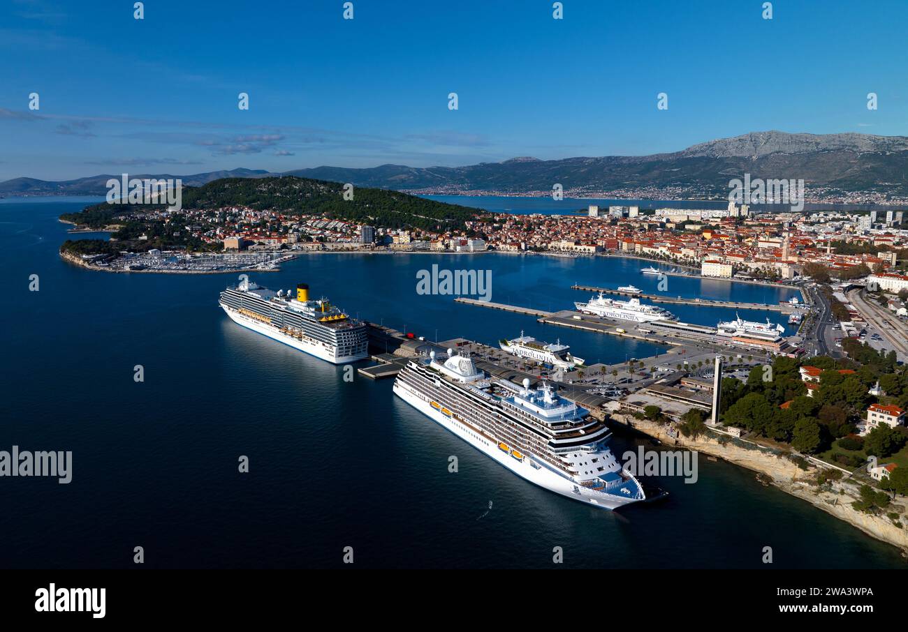 The aerial view of harbour and city centre in Split, Croatia Stock ...