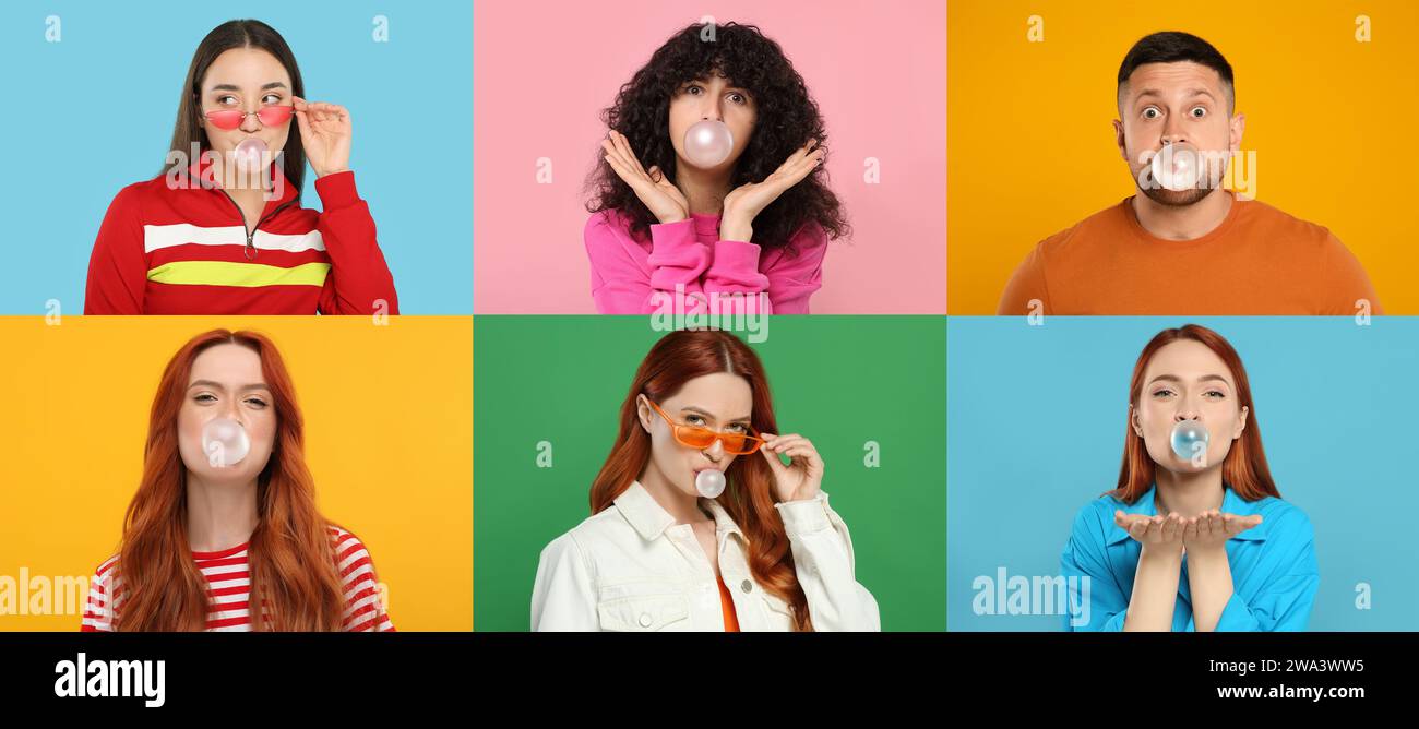 People blowing bubble gums on color backgrounds, set of photos Stock ...
