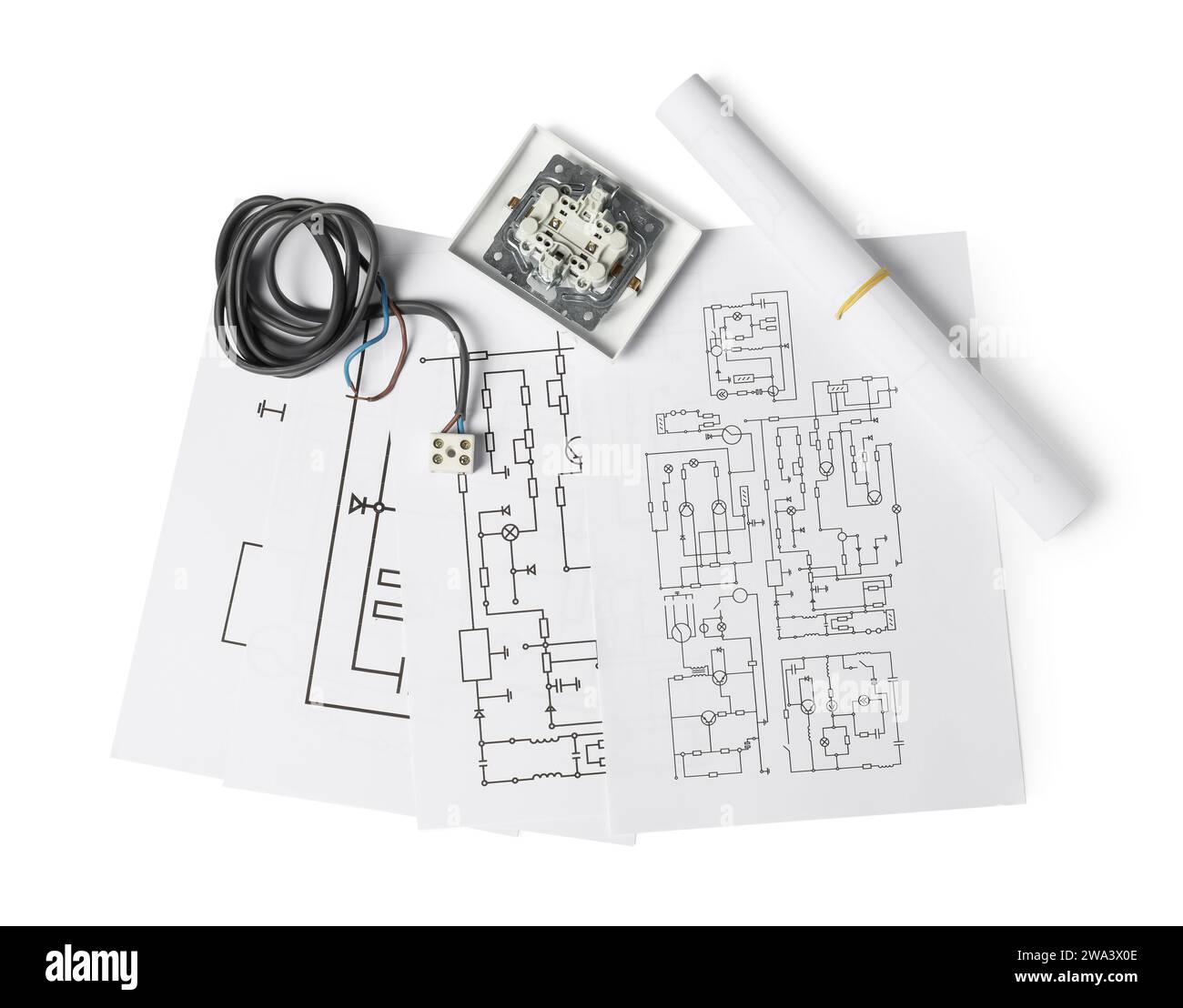 Wiring diagrams, wires and disassembled light switch isolated on white ...