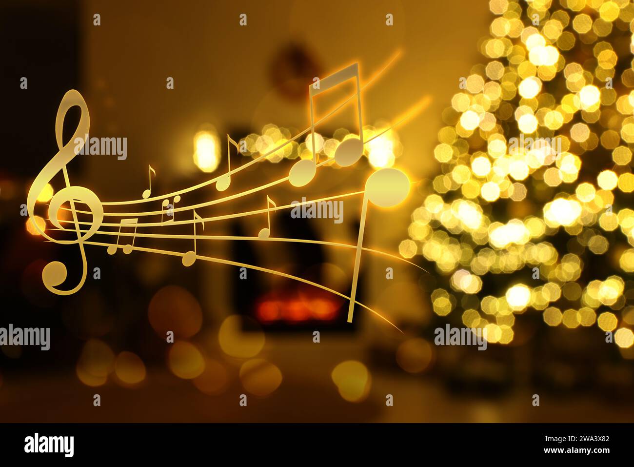 Music notes and blurred view of room decorated for Christmas and New ...