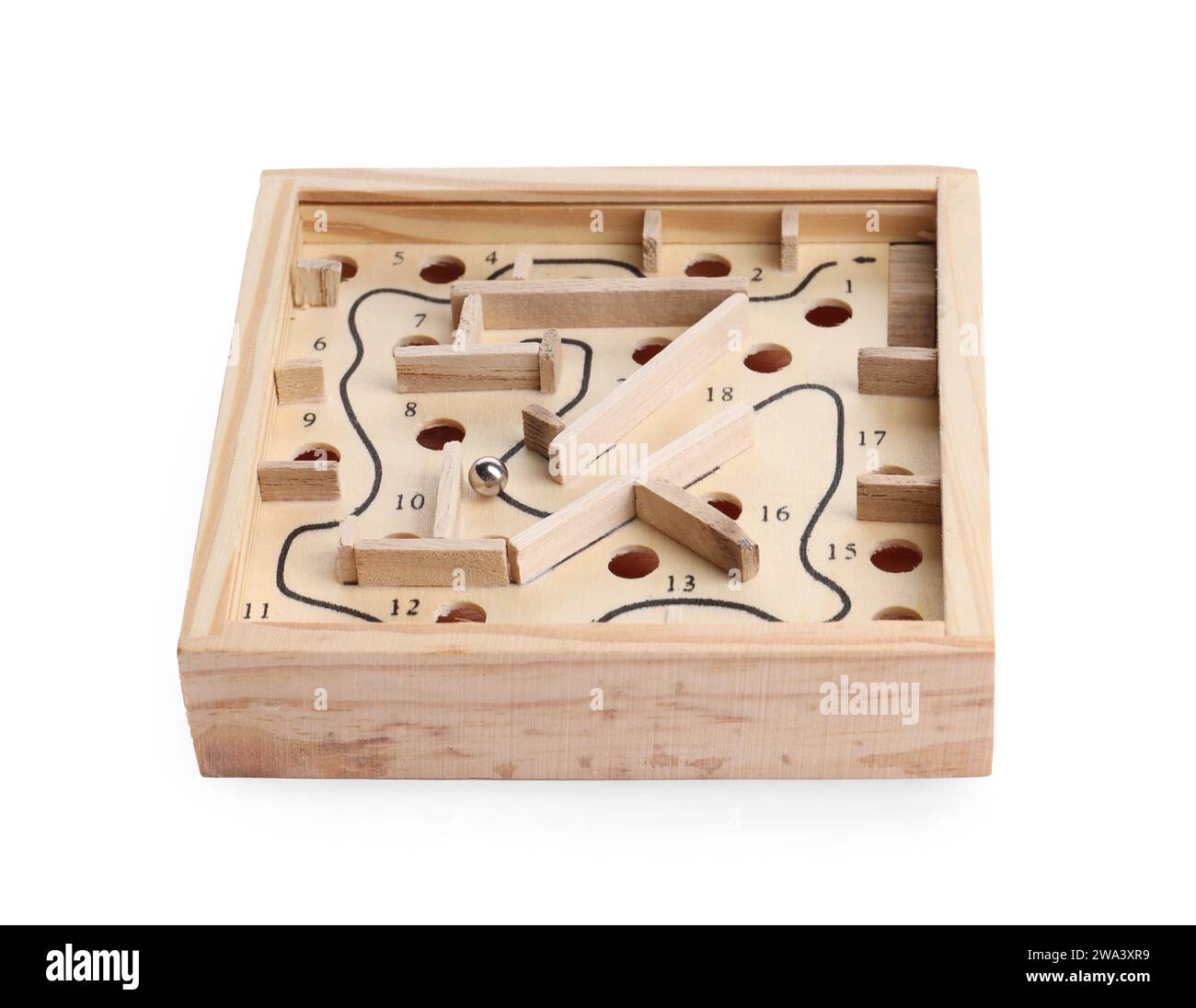 Wooden toy maze with metal ball isolated on white Stock Photo - Alamy
