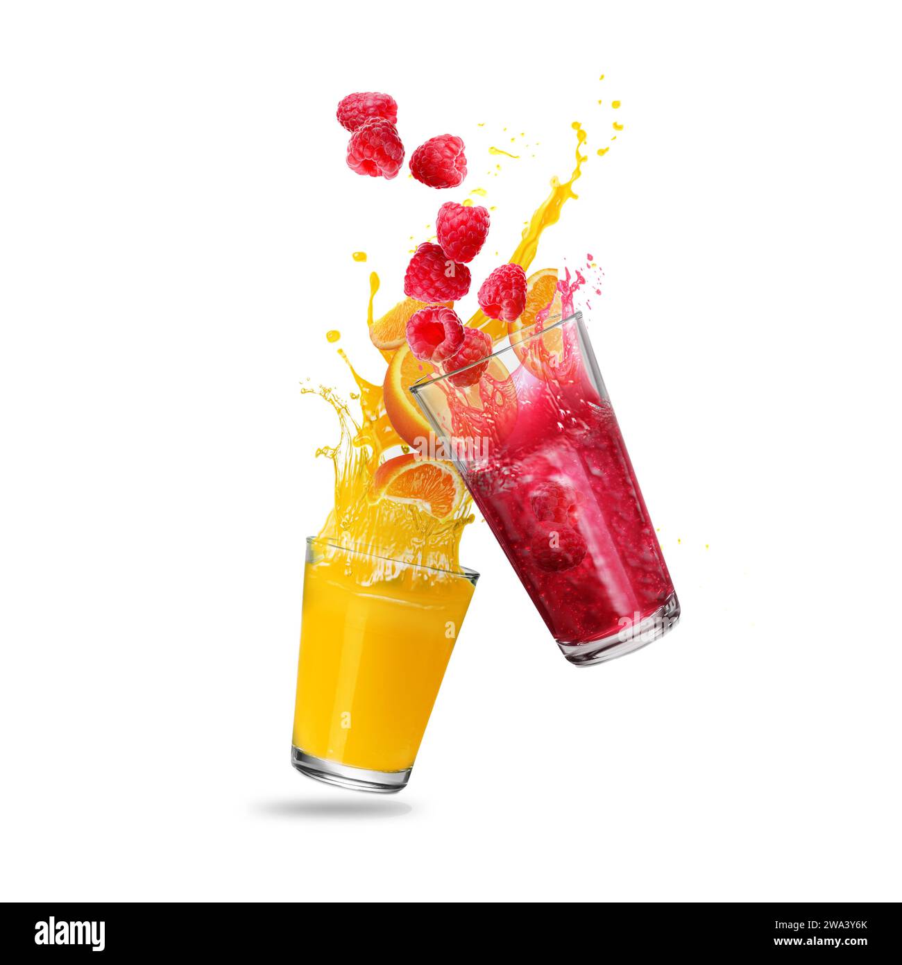 Fresh fruit juices splashing from glasses on white background Stock ...