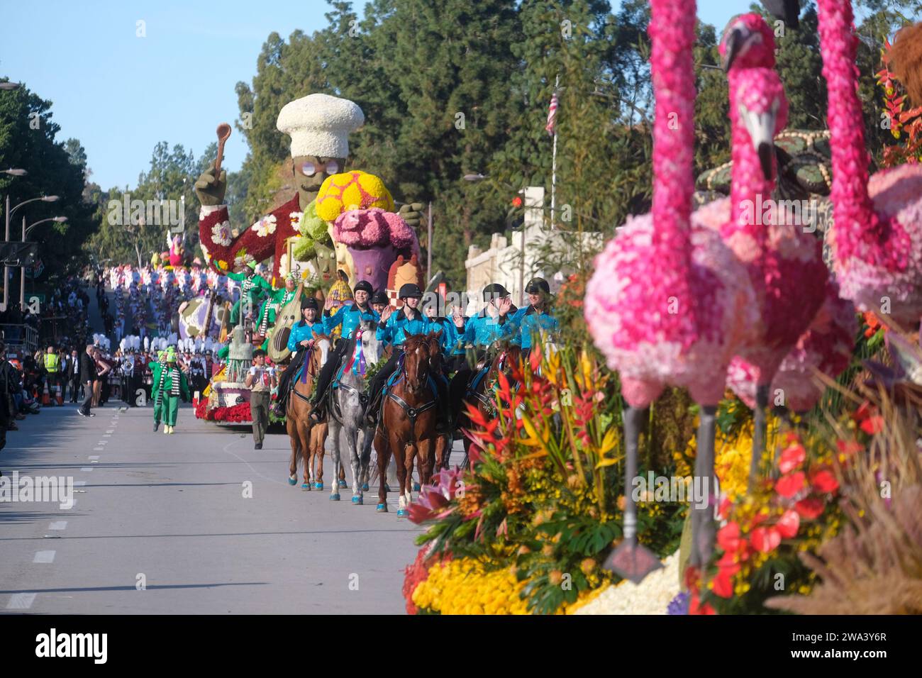 Los Angeles, United States. 01st Jan, 2024. Parade floats perform along ...