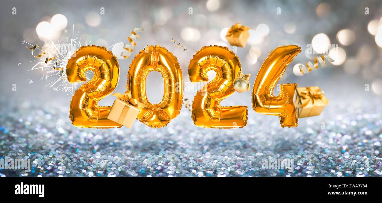 Happy New 2024 Year. Bright number shaped balloons, gift boxes and ...
