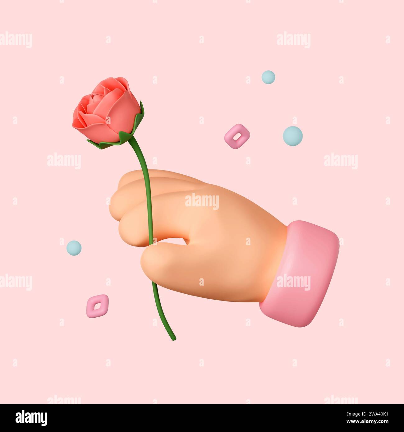 3d Cartoon hand holding red rose isolated on pink background with ...