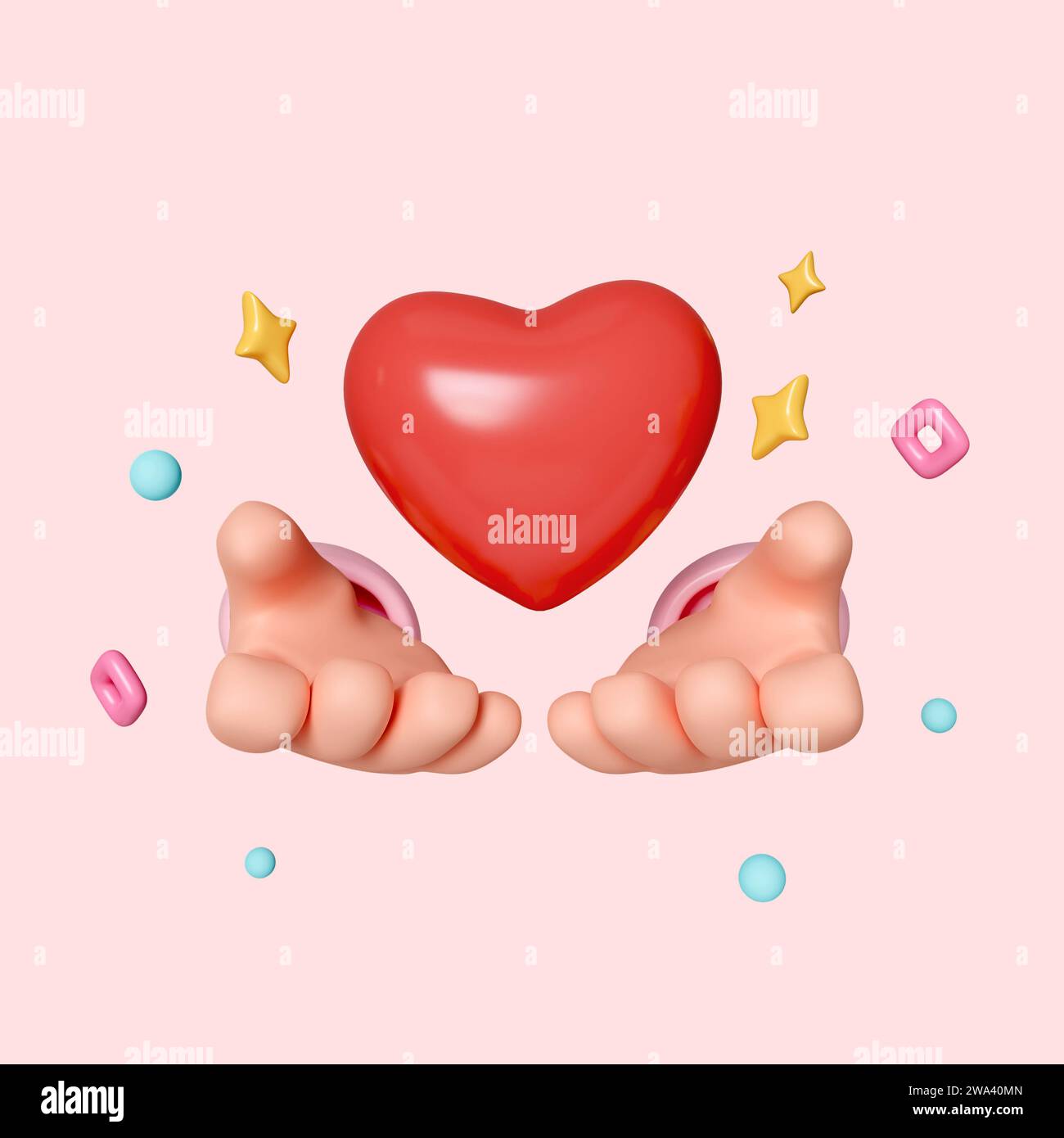 3D cartoon hand give red heart to another isolated on pink background ...