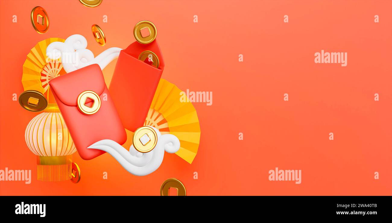 Red envelopes and coins in the red background with copy space, Spring ...
