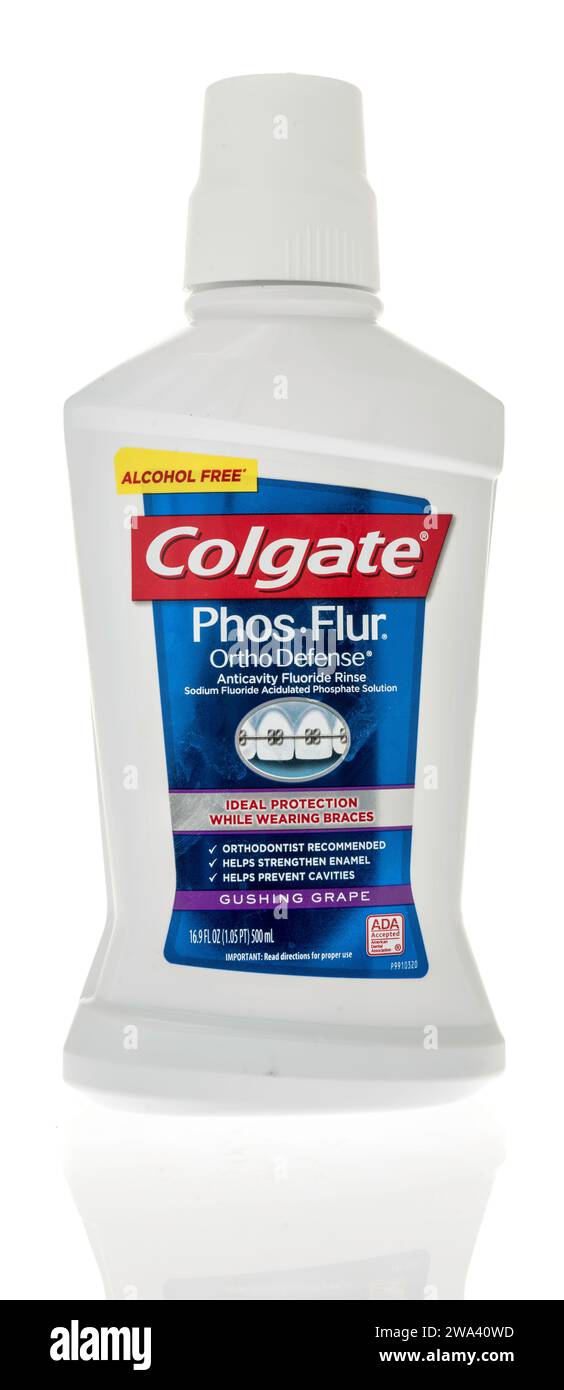 Winneconne, WI - 23 December 2023: A bottle of Colgate Phos Flur ortho ...