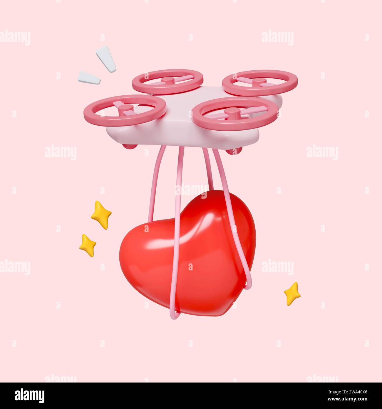 3d icon valentine day with drone delivery red heart. Symbol of love ...