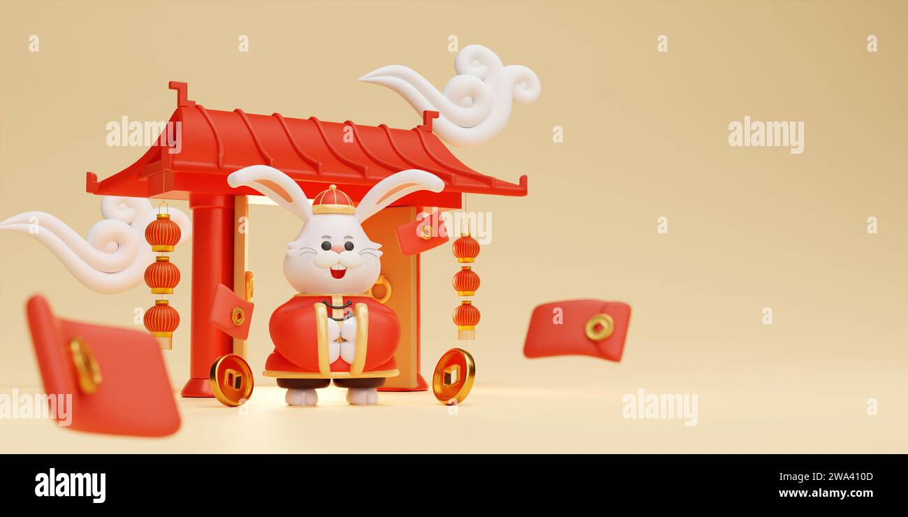 3d illustrated cute rabbits wearing traditional costume in different ...