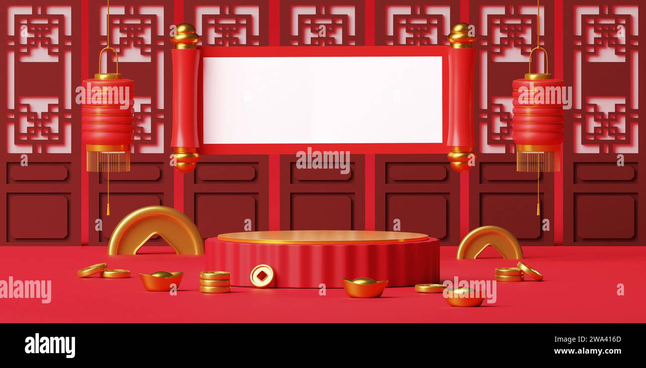 Red podium chinese new year concept. product stand podium background ...