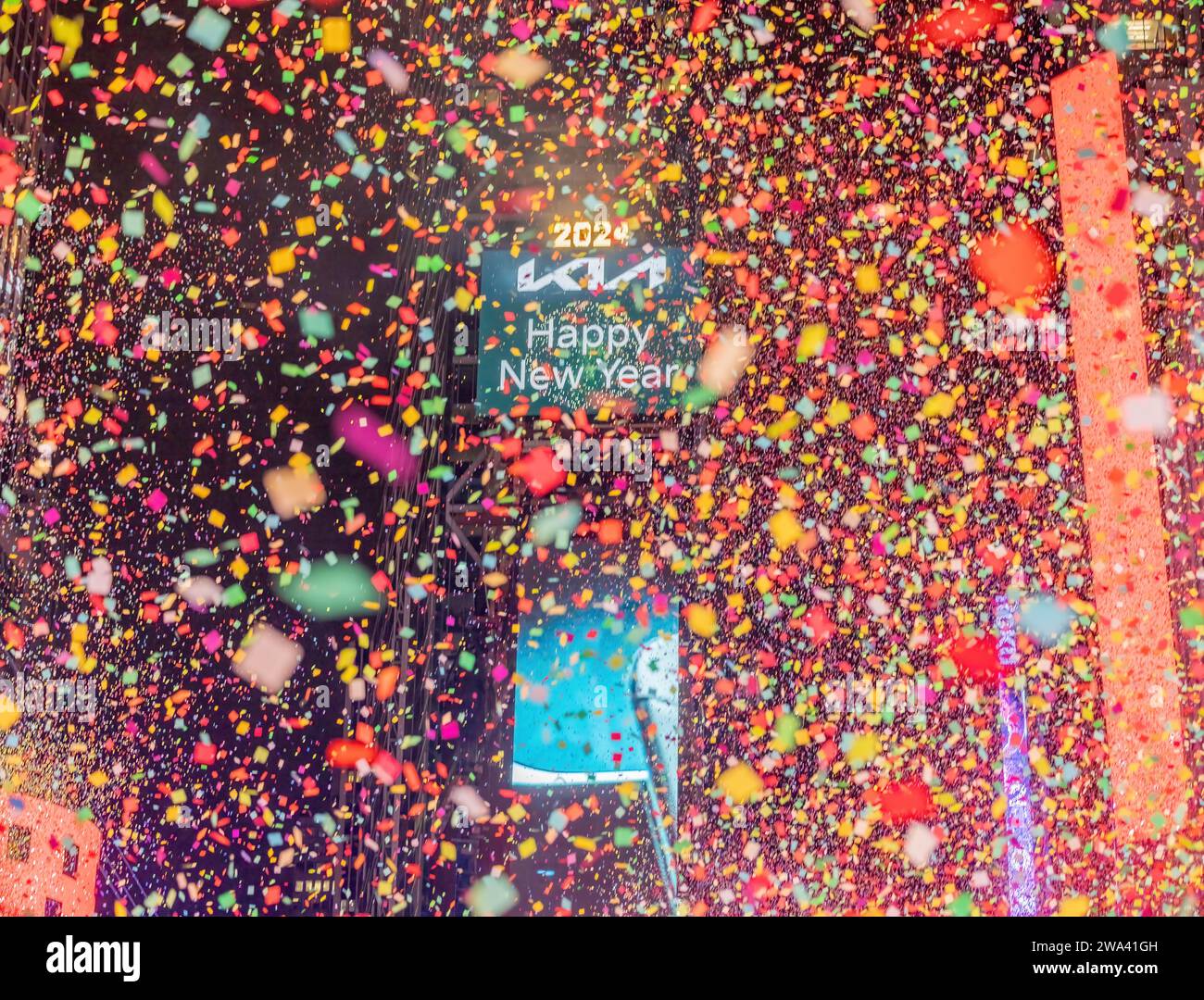 NEW YORK, N.Y. – January 1, 2024: Confetti falls over Times Square in ...
