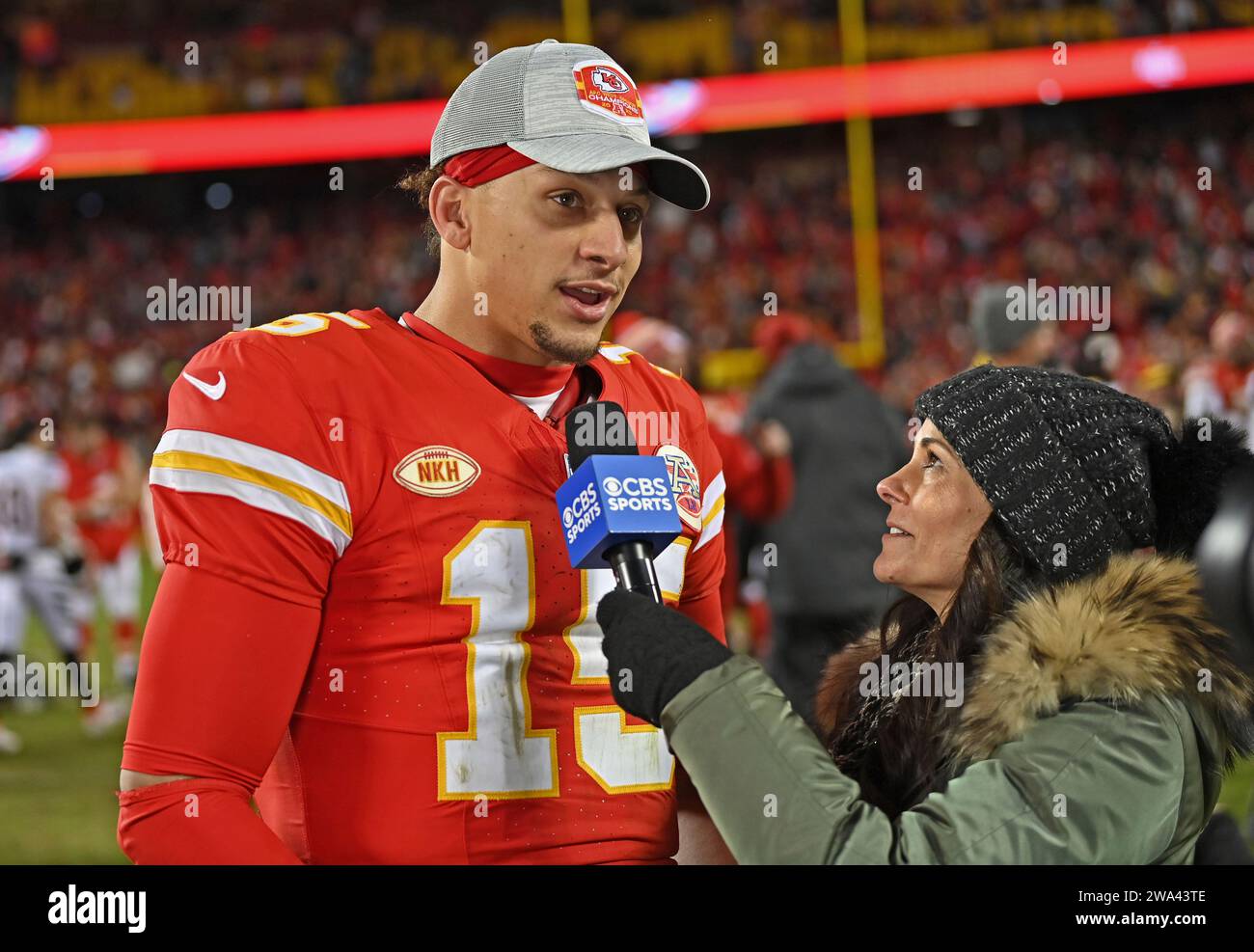 Kansas City Chiefs quarterback Patrick Mahomes (15) talks CBS sideline ...