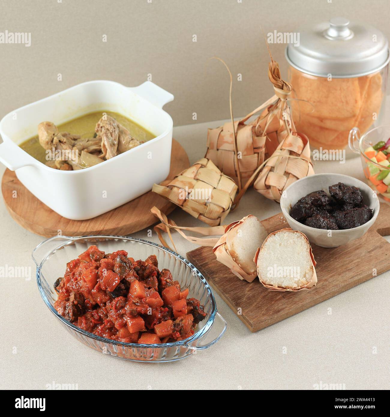 Lebaran Menu with Rendang, Ketupat, Opor, and Sambal Goreng. Indonesian ...