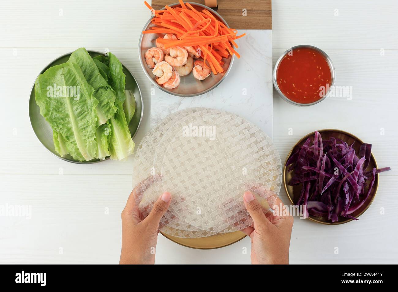 Process Making Vietnam Summer Spring Roll with Rice Paper Wrap, Female ...