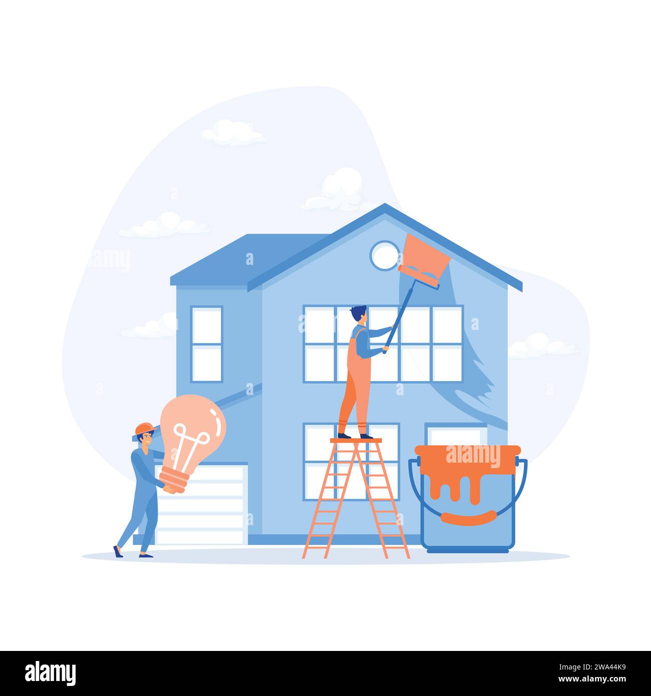 Home renovation workers. Repairman team building house. lat vector ...
