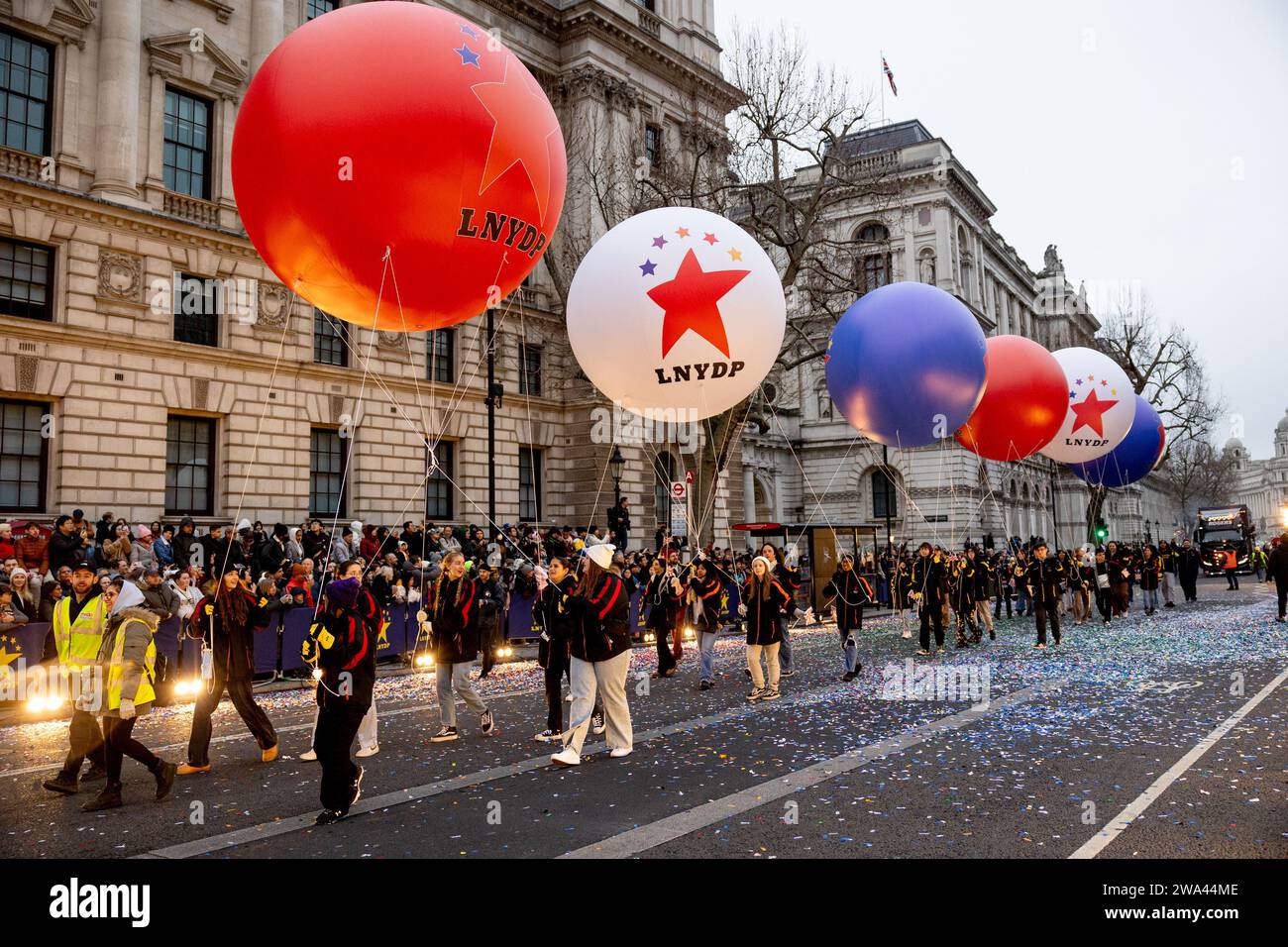 London, UK. 01st Jan, 2024. Inflatable balloons with wordings "LNYDP ...