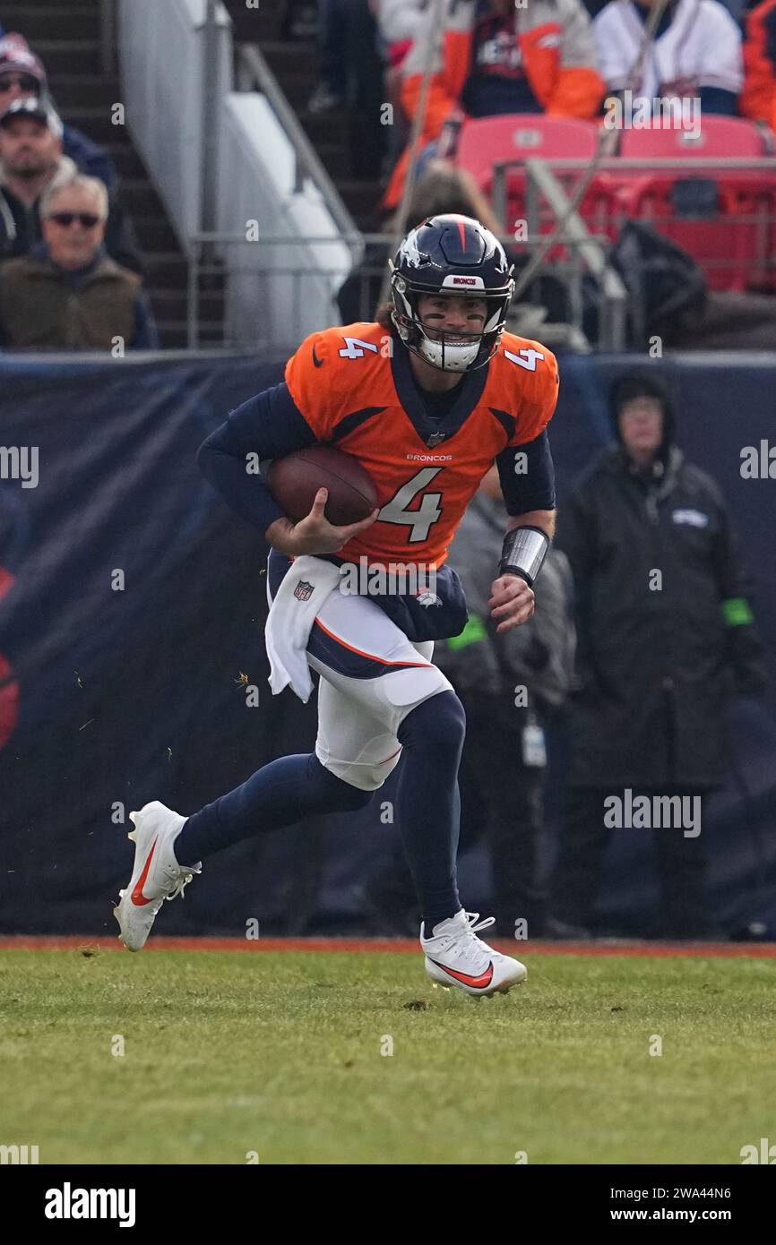 Denver Broncos quarterback Jarrett Stidham (4).against the Los Angeles Chargers of an NFL ...