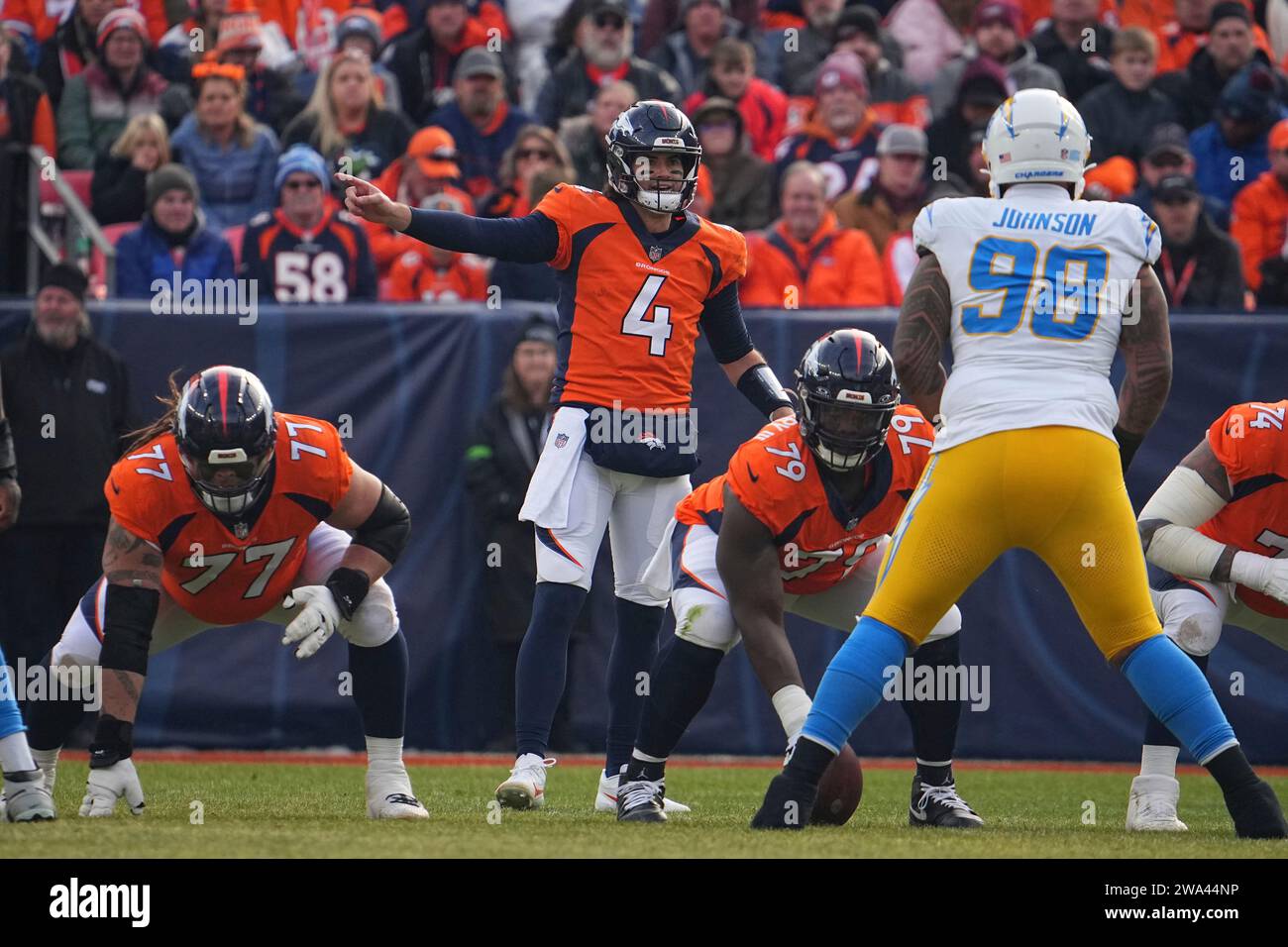 Denver Broncos quarterback Jarrett Stidham (4).against the Los Angeles Chargers of an NFL ...