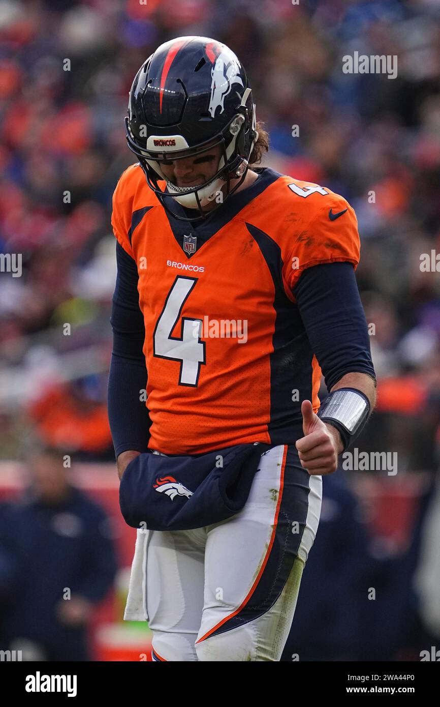 Denver Broncos quarterback Jarrett Stidham (4).against the Los Angeles Chargers of an NFL ...