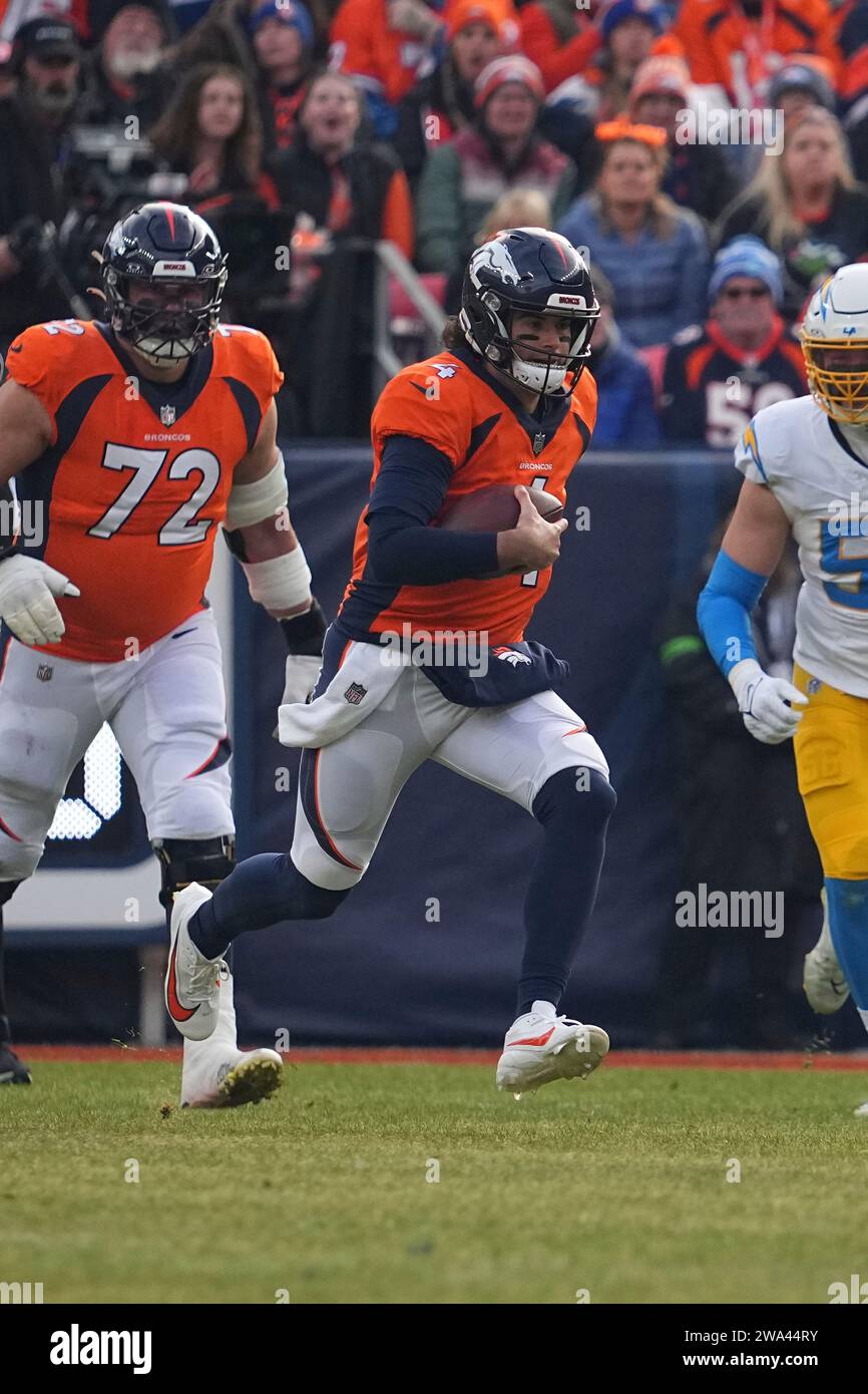 Denver Broncos quarterback Jarrett Stidham (4).against the Los Angeles Chargers of an NFL ...