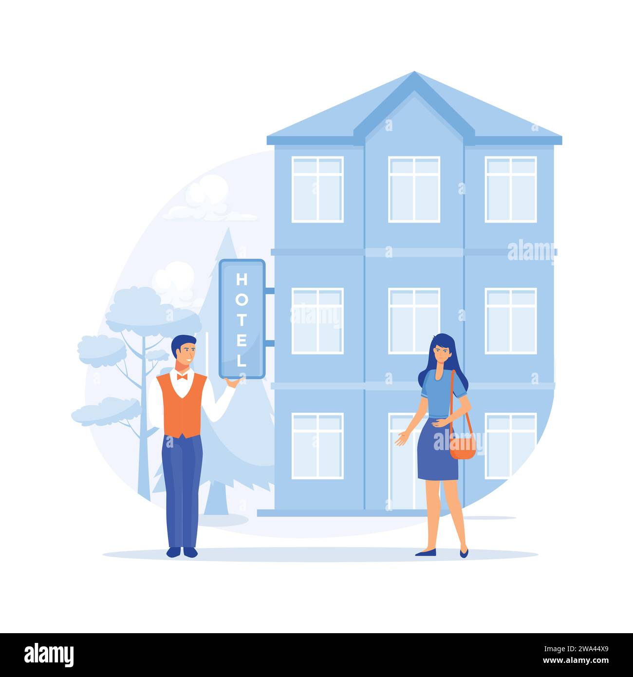 Hotel service. Doorman service, Smiling doorman welcoming guest. flat ...