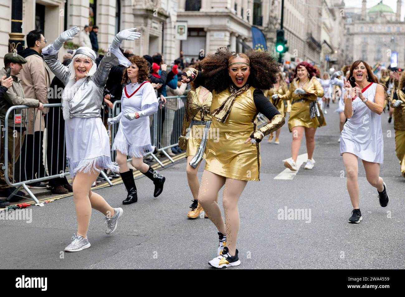 London, UK. 01st Jan, 2024. Performers seen performing during the London New Year's Day parade ...