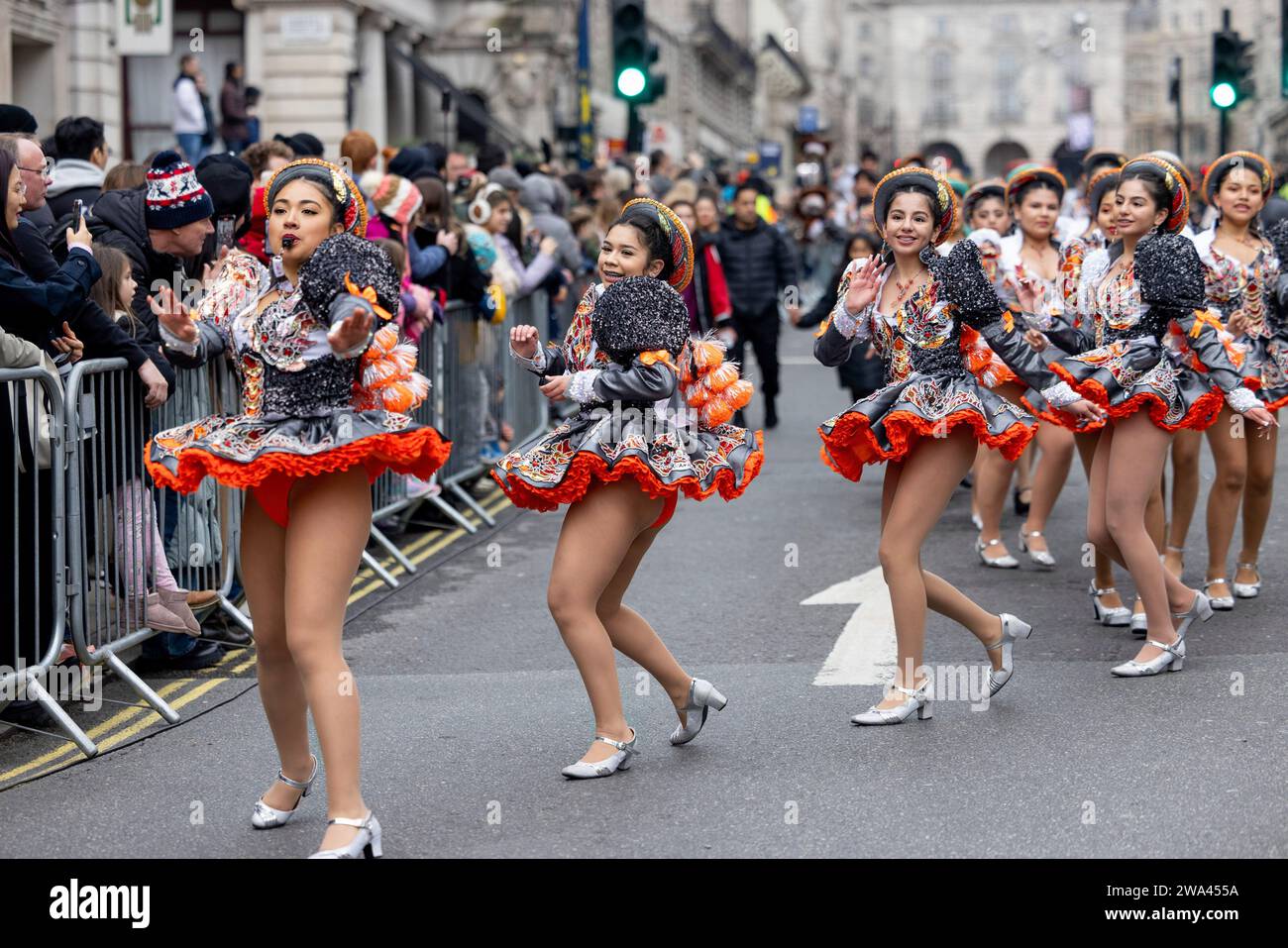 London, UK. 01st Jan, 2024. Performers seen dancing during the London New Year's Day parade. The ...