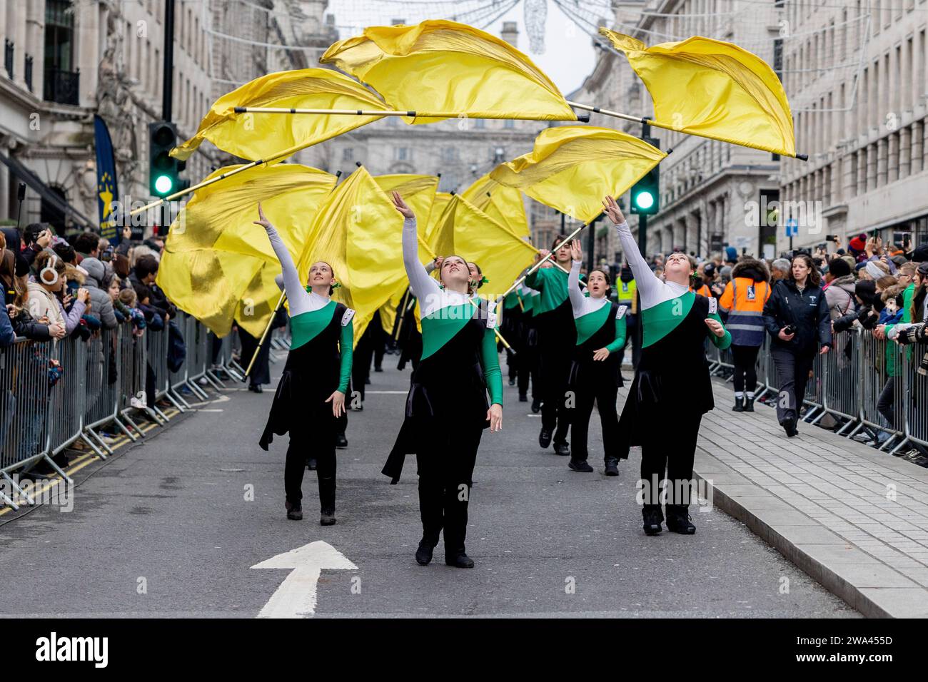 London, UK. 01st Jan, 2024. Performers seen performing during the London New Year's Day parade ...