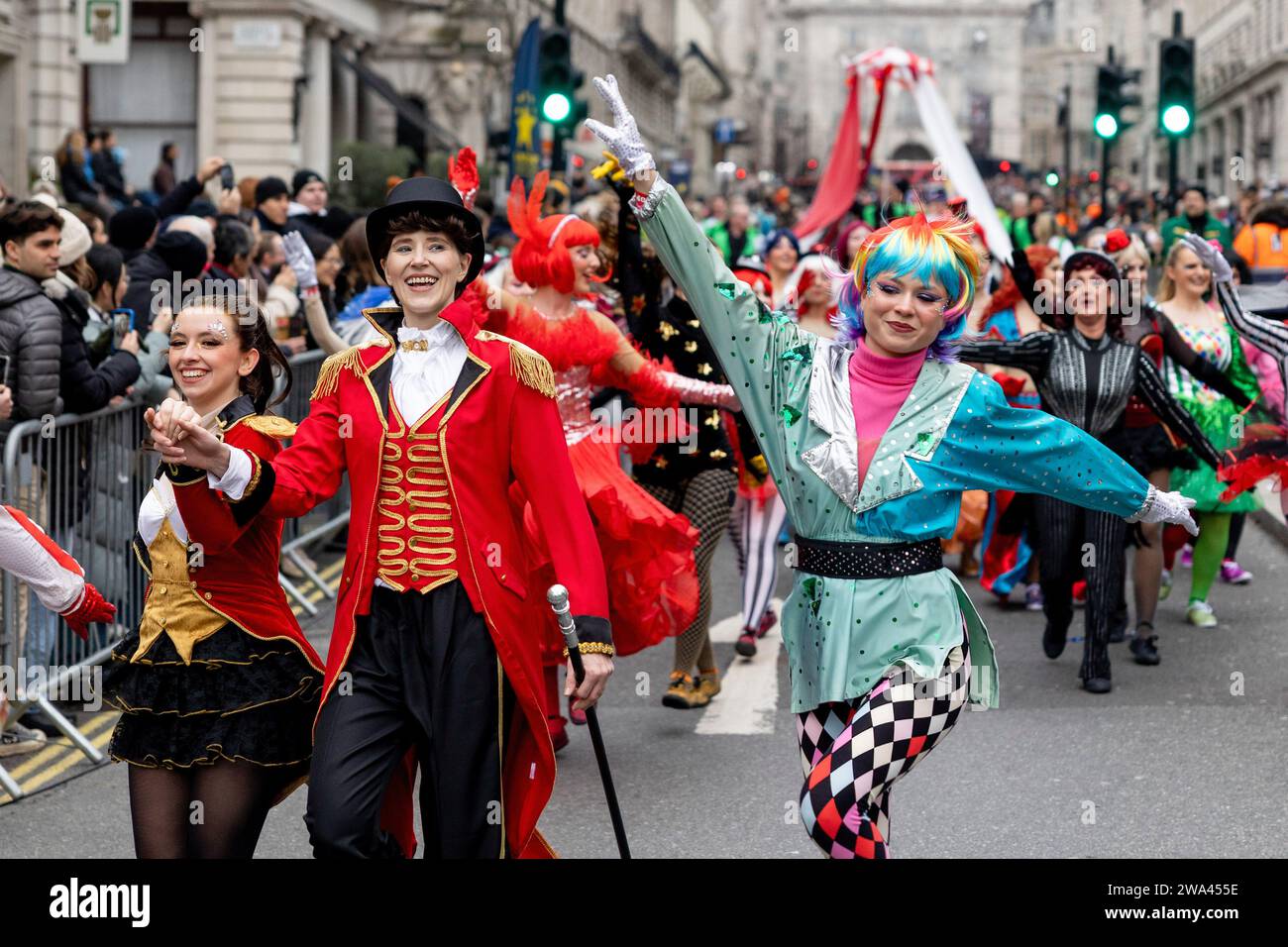 London, UK. 01st Jan, 2024. Performers in costumes seen performing during the London New Year's ...