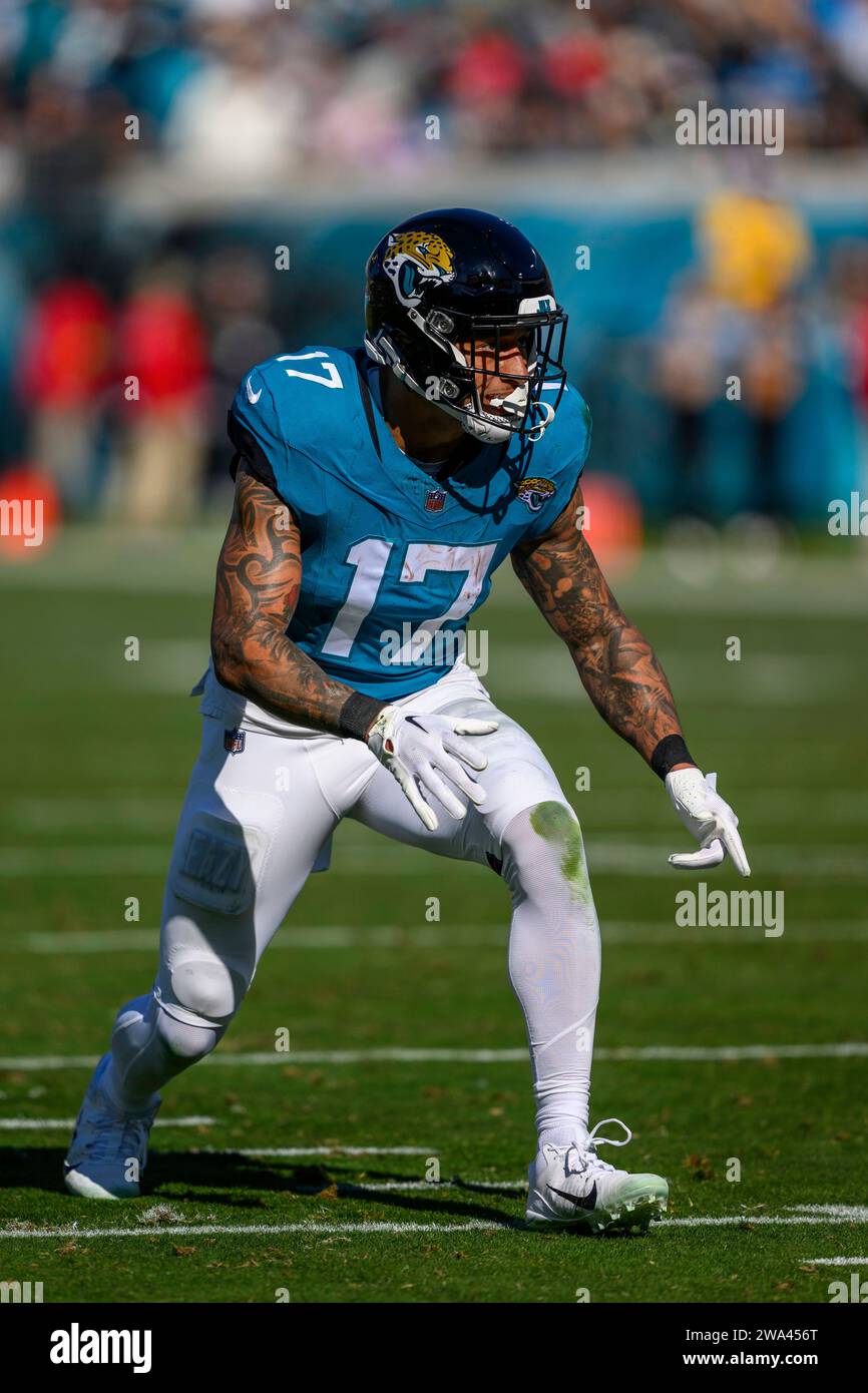 Jacksonville Jaguars tight end Evan Engram (17) runs a play during an NFL football game against ...