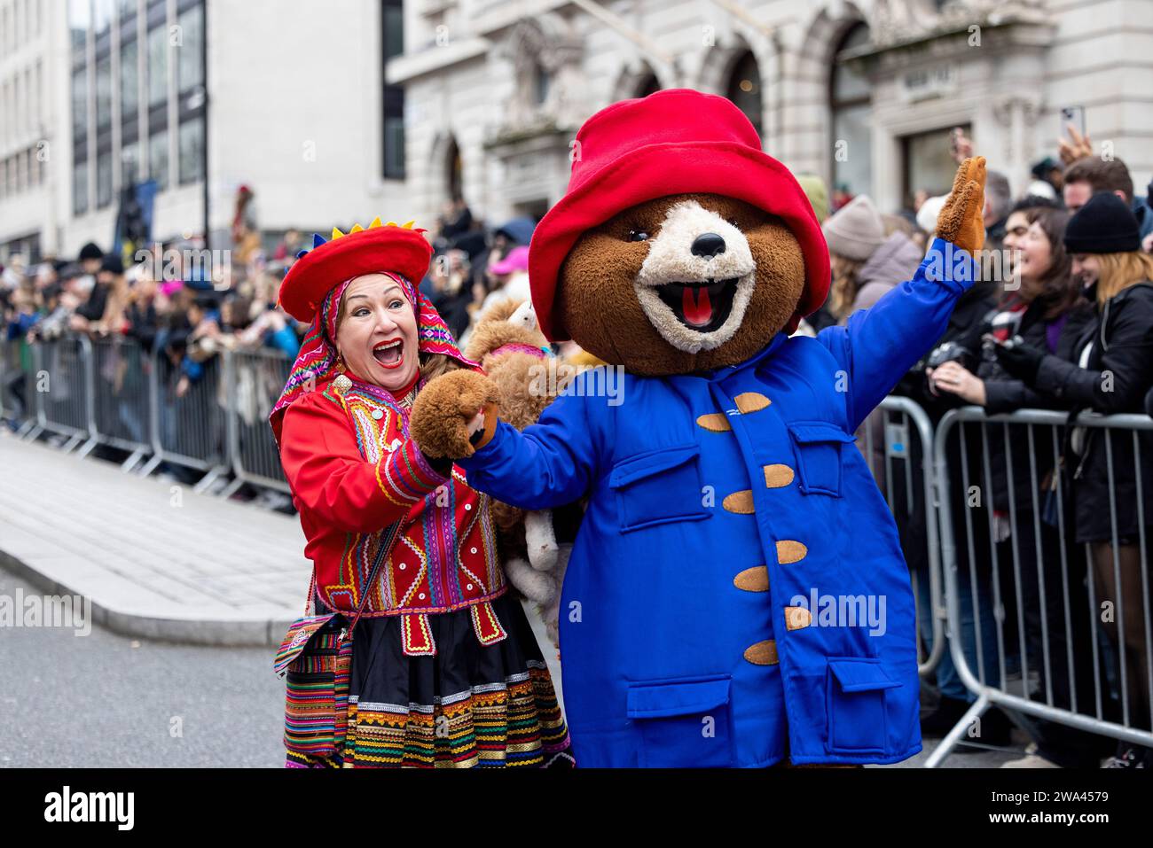 London, UK. 01st Jan, 2024. Performers seen waving at the crowds during the London New Year's ...