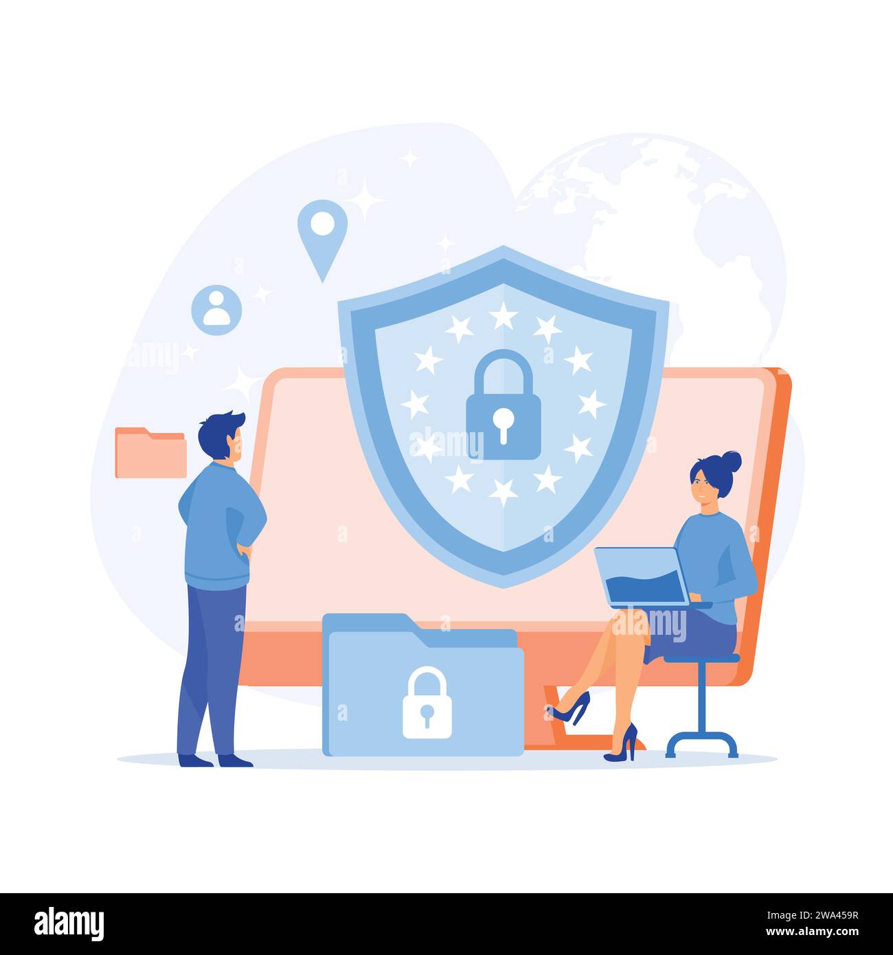 Tiny people protecting business data and legal information, flat vector ...