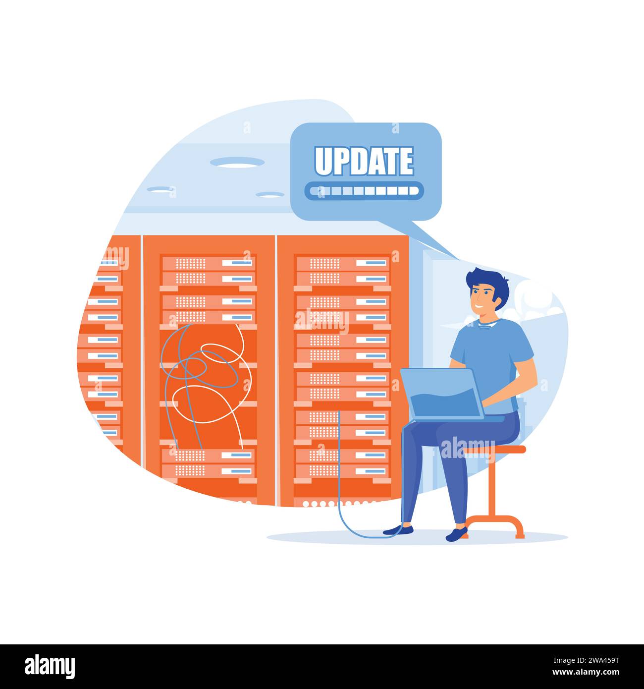Server maintenance. Man working at server rack hardware room, updates ...
