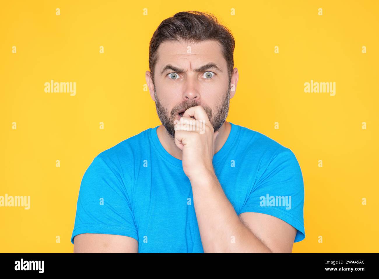 Thinking concept. Portrait of focused smart and creative man, holding ...