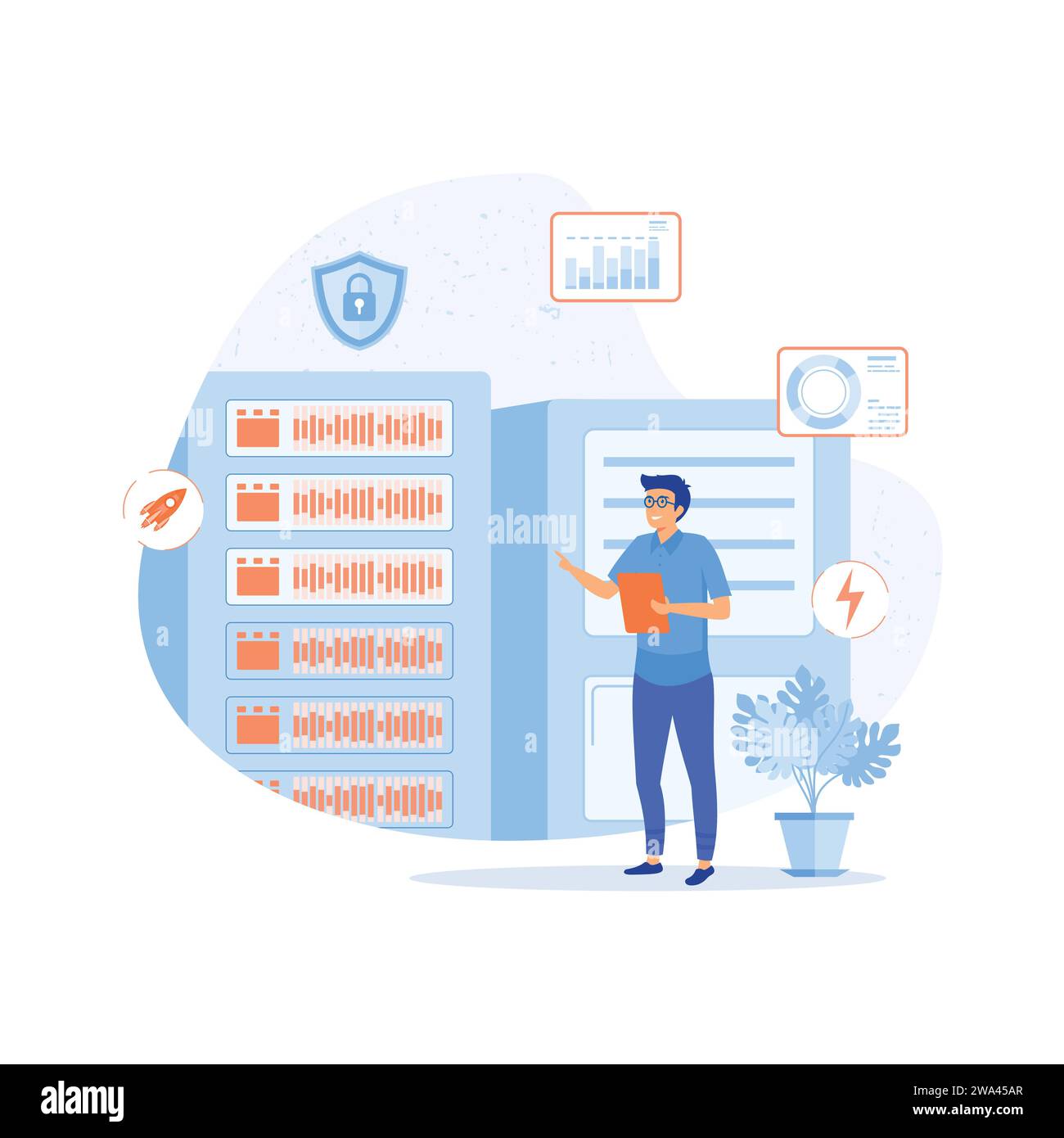 Server maintenance with monitoring tools, flat vector modern ...