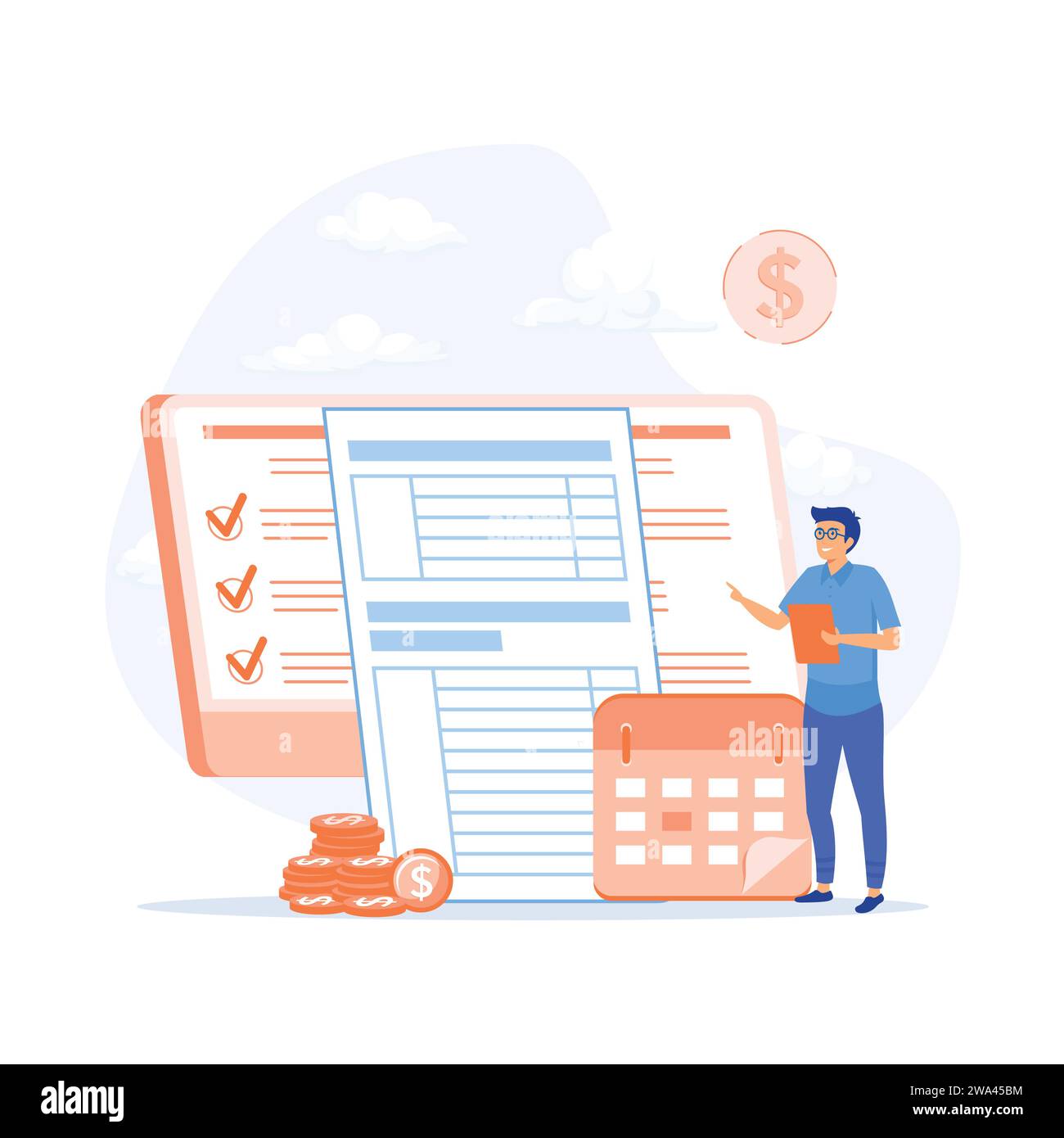 Payroll money statement and work salary payment balance tiny person ...